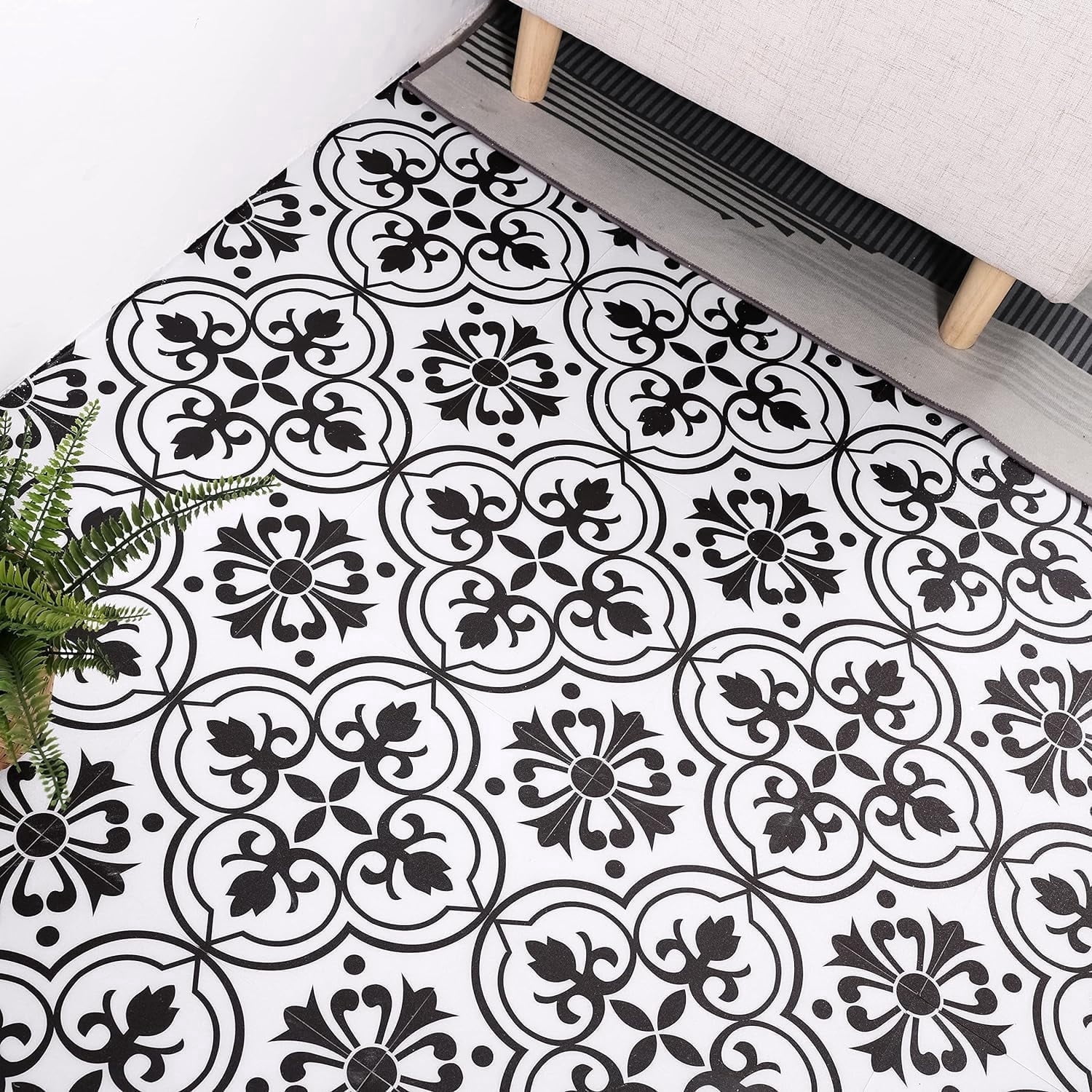Lxcreat Peel and Stick Floor Tile Flooring Black and White Flower ...