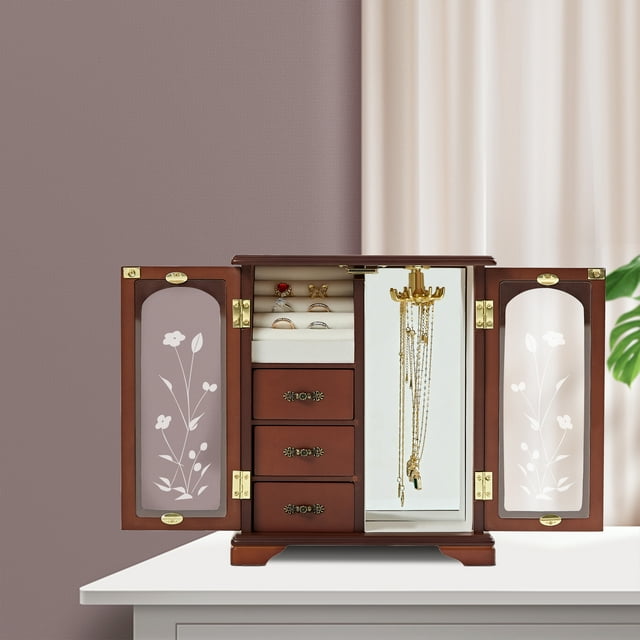 Lxmons Wooden Jewelry Box with Mirror, 3 Drawers, Necklace Carousel ...