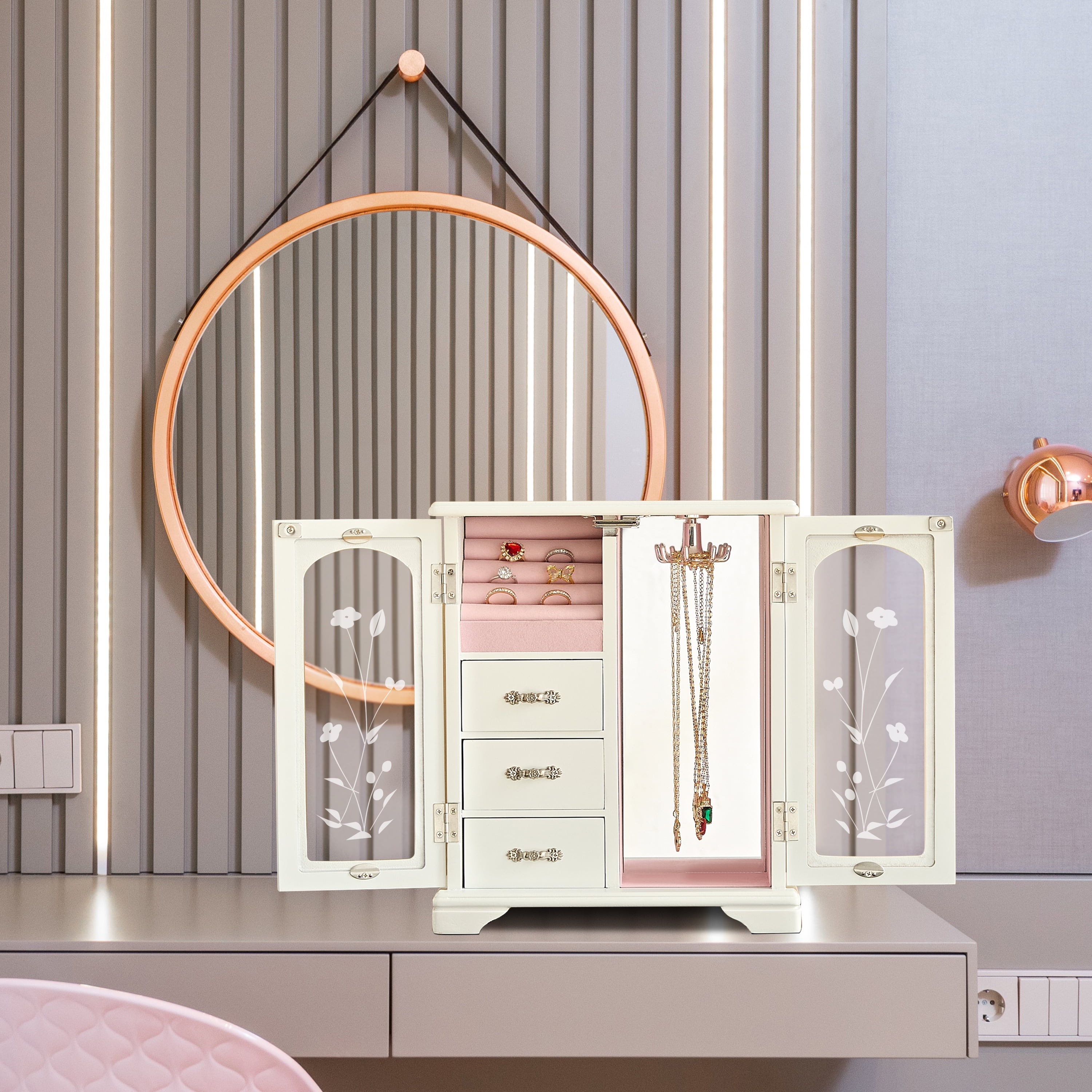 Lxmons White Wooden Jewelry Box with Mirror,3 Drawers,Built-in Necklace ...