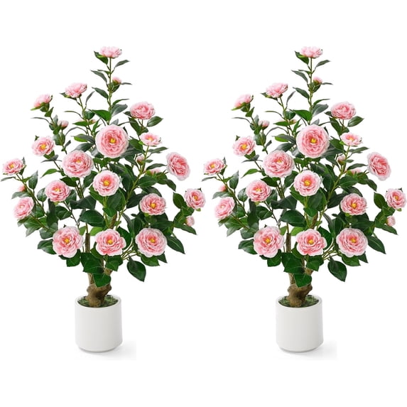 Lyacmy 3FT 2 Pack Pink Camellia Artificial Tree in Pot, Artificial ...