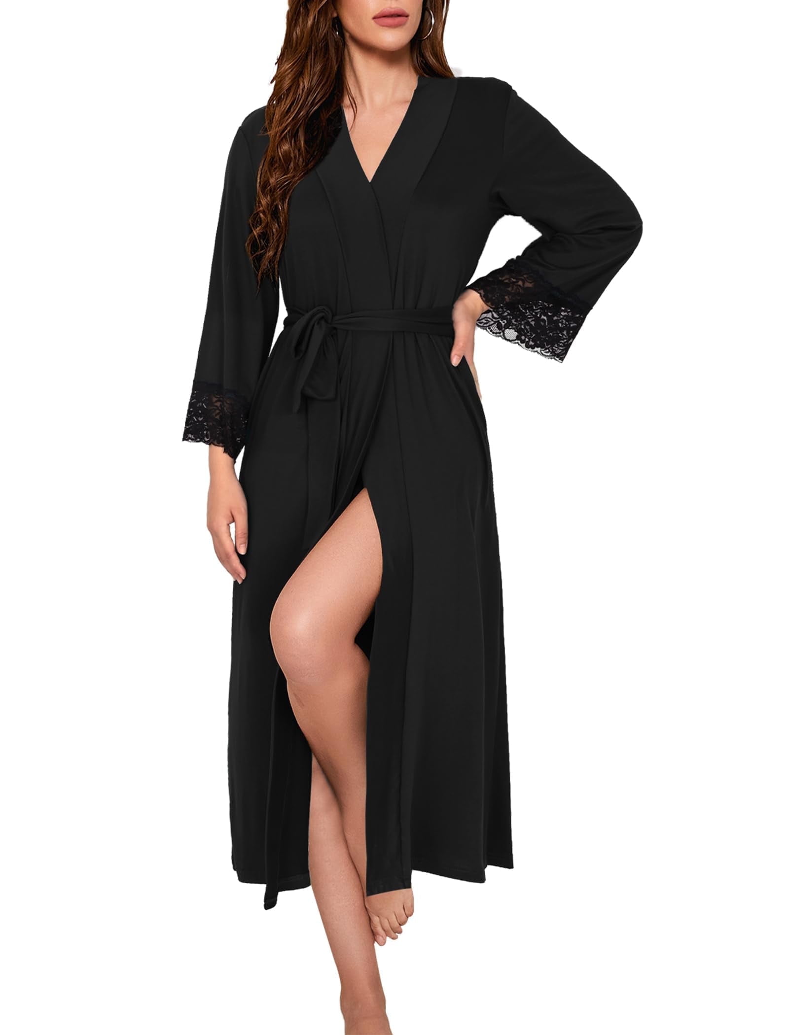 Lyacmy Black Robe for Women, Long Bath Robe with Lace Trim - Walmart.com