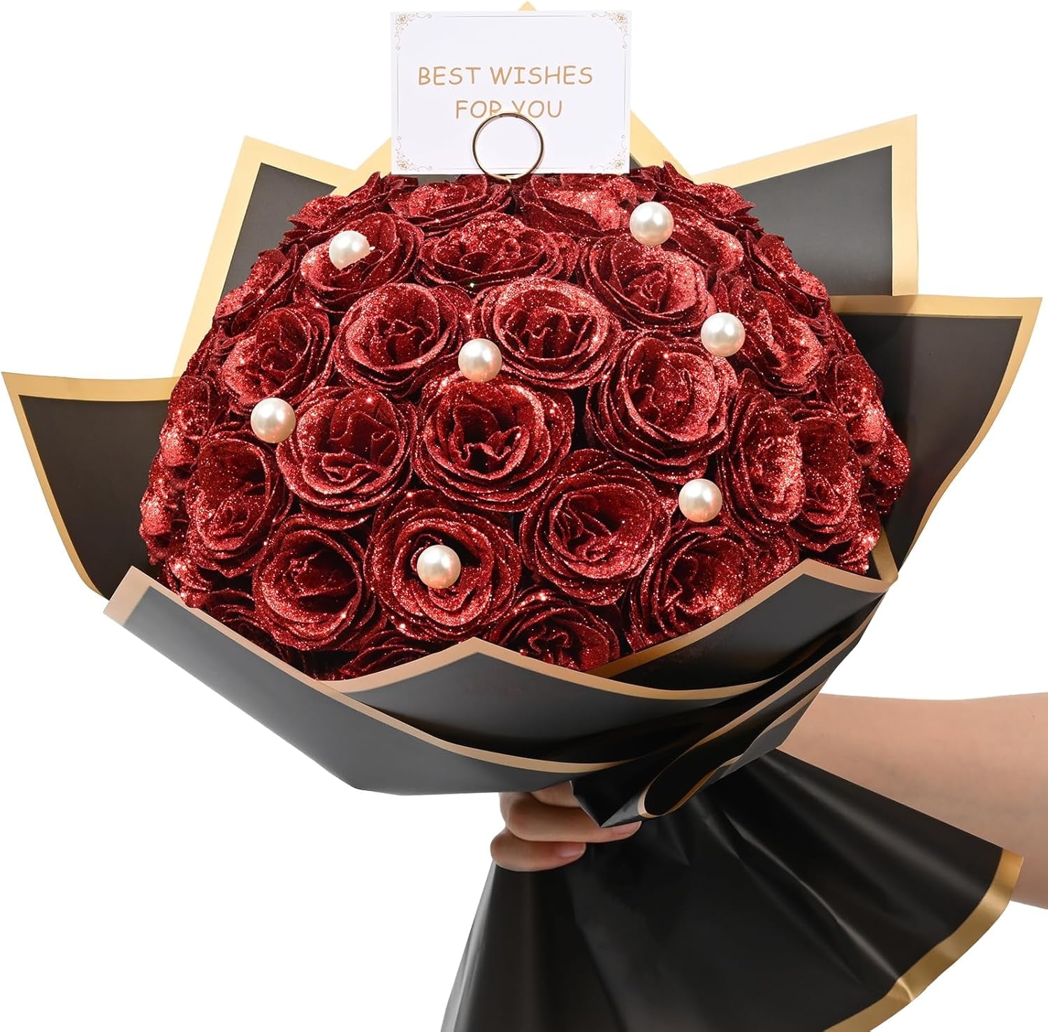 Lyacmy Red Glitter Roses Bouquet, DIY Fake Graduation Flowers Bouquet ...