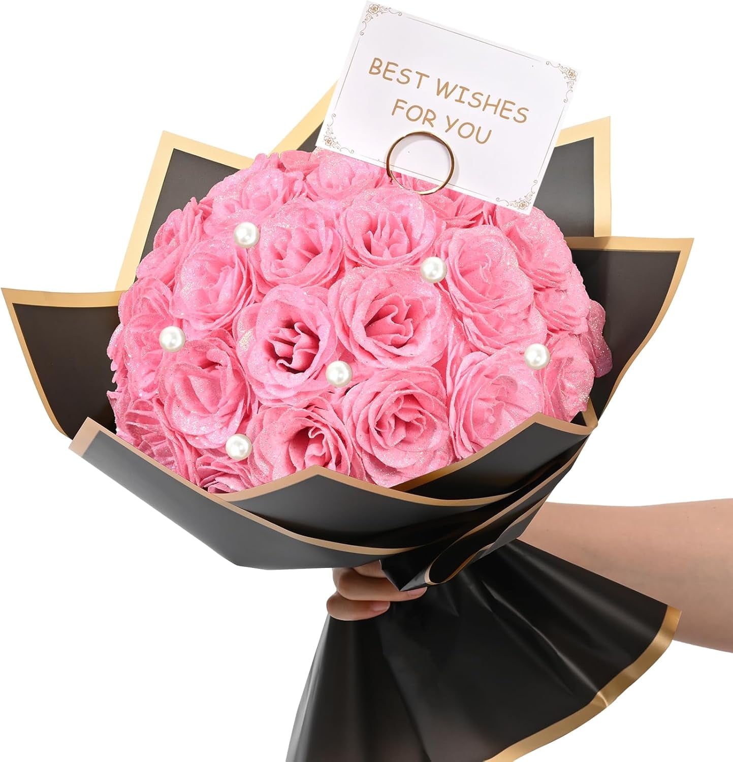 Lyacmy Pink Glitter Roses Bouquet, DIY Artificial Graduation Flowers ...