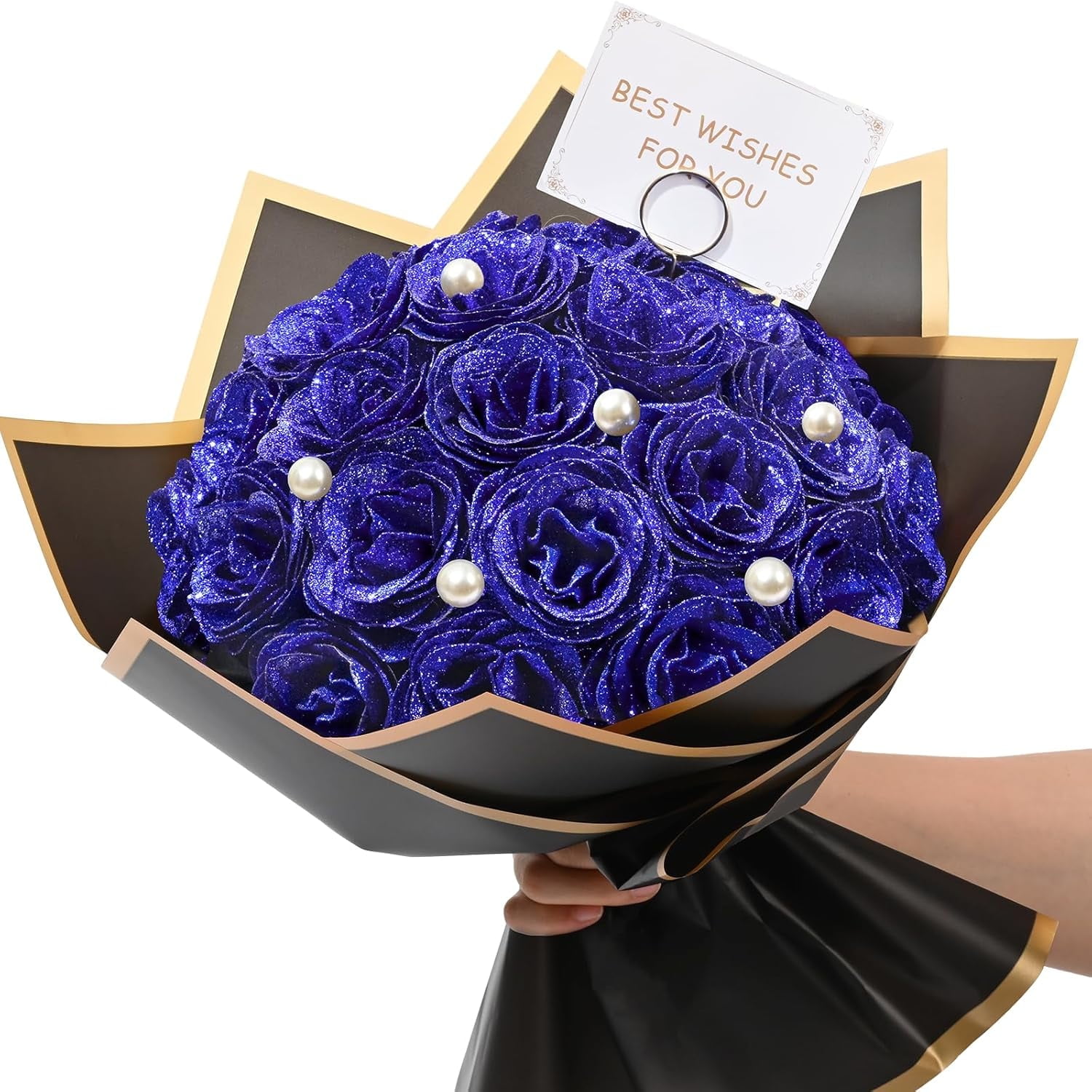 Lyacmy Blue Glitter Roses Bouquet, DIY Fake Graduation Flowers Bouquet ...