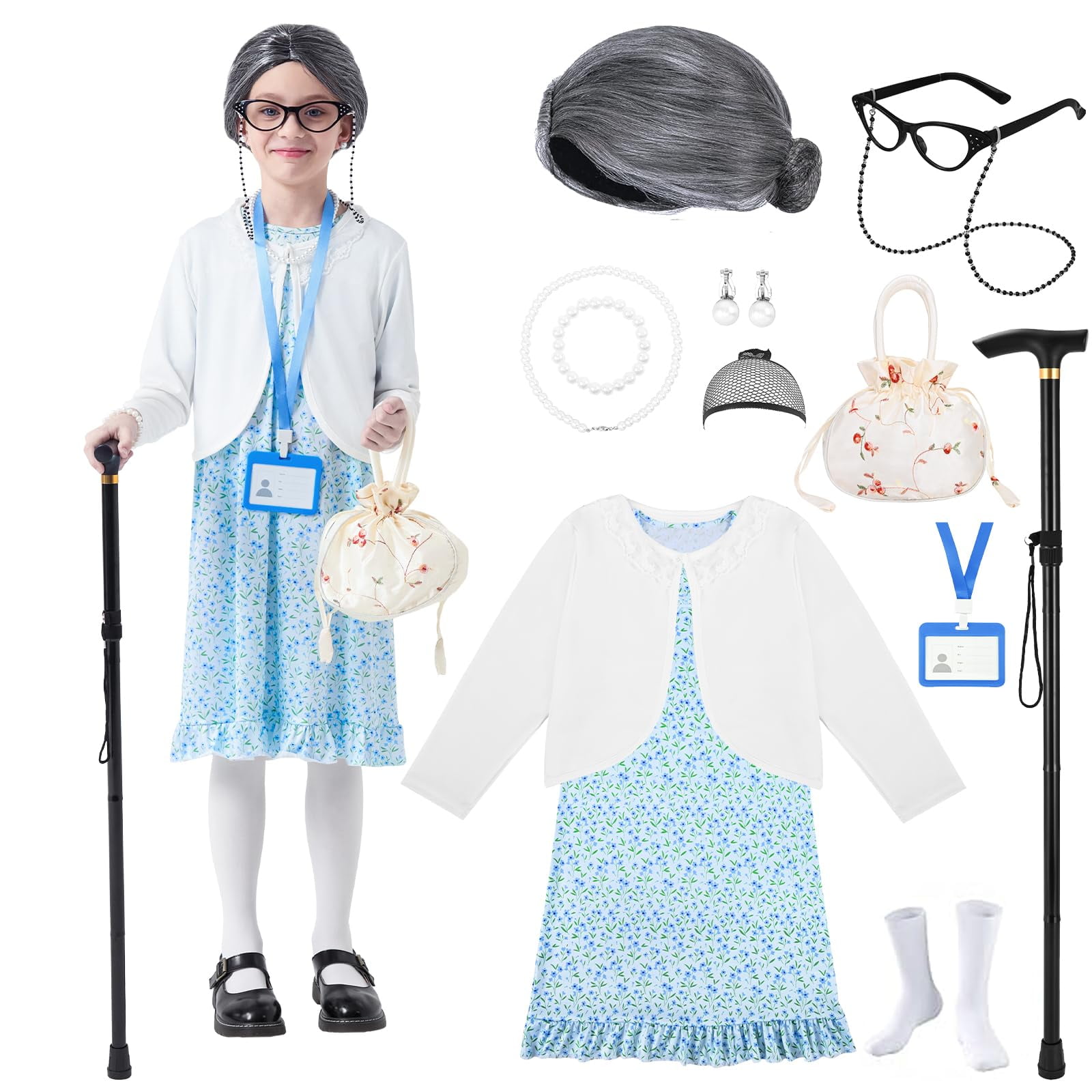 Lyacmy 100 Days Blue Old Lady Costume, 100th Grandma Granny Dress up ...