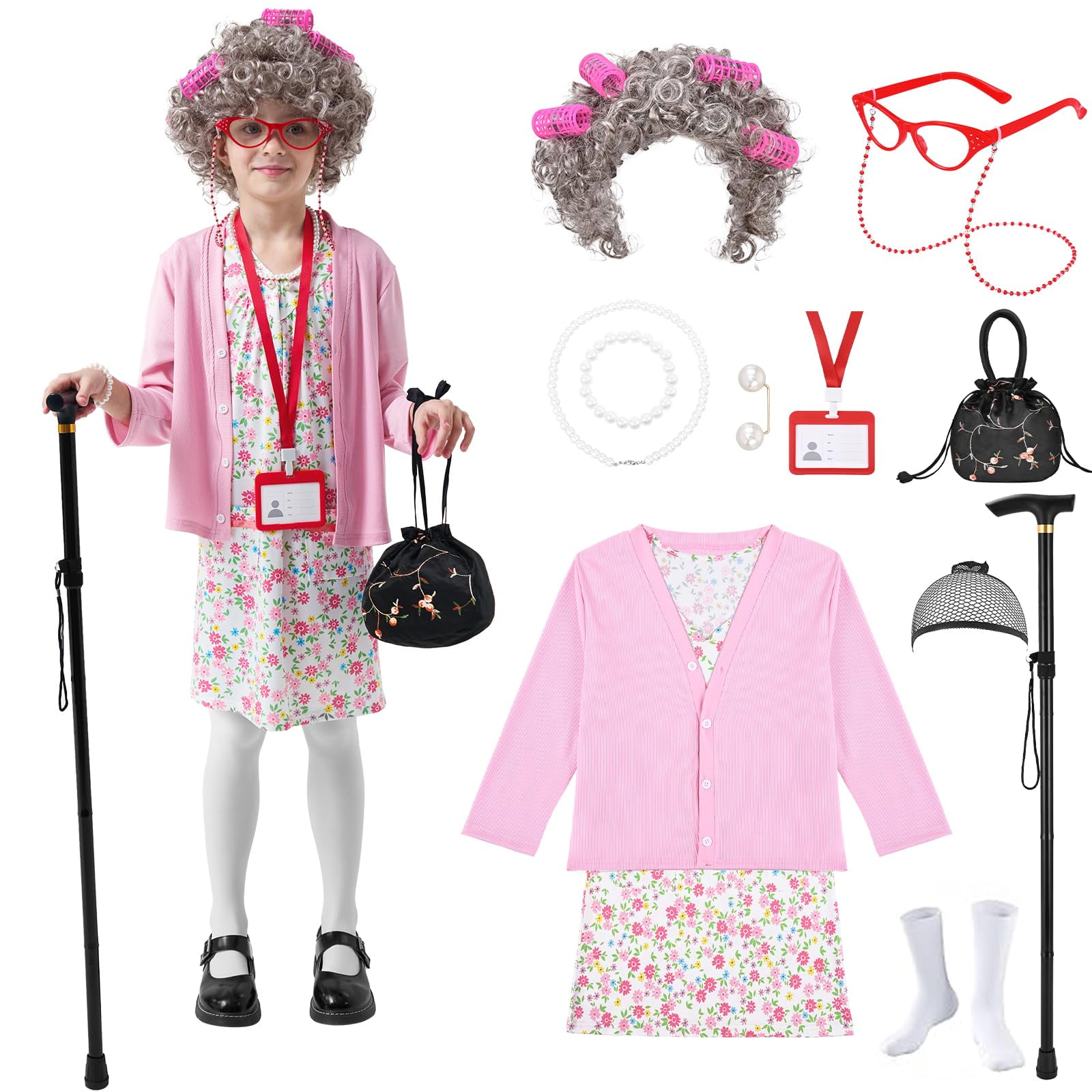 Lyacmy 100 Days Pink Old Lady Costume, 100th Grandma Granny Dress up ...