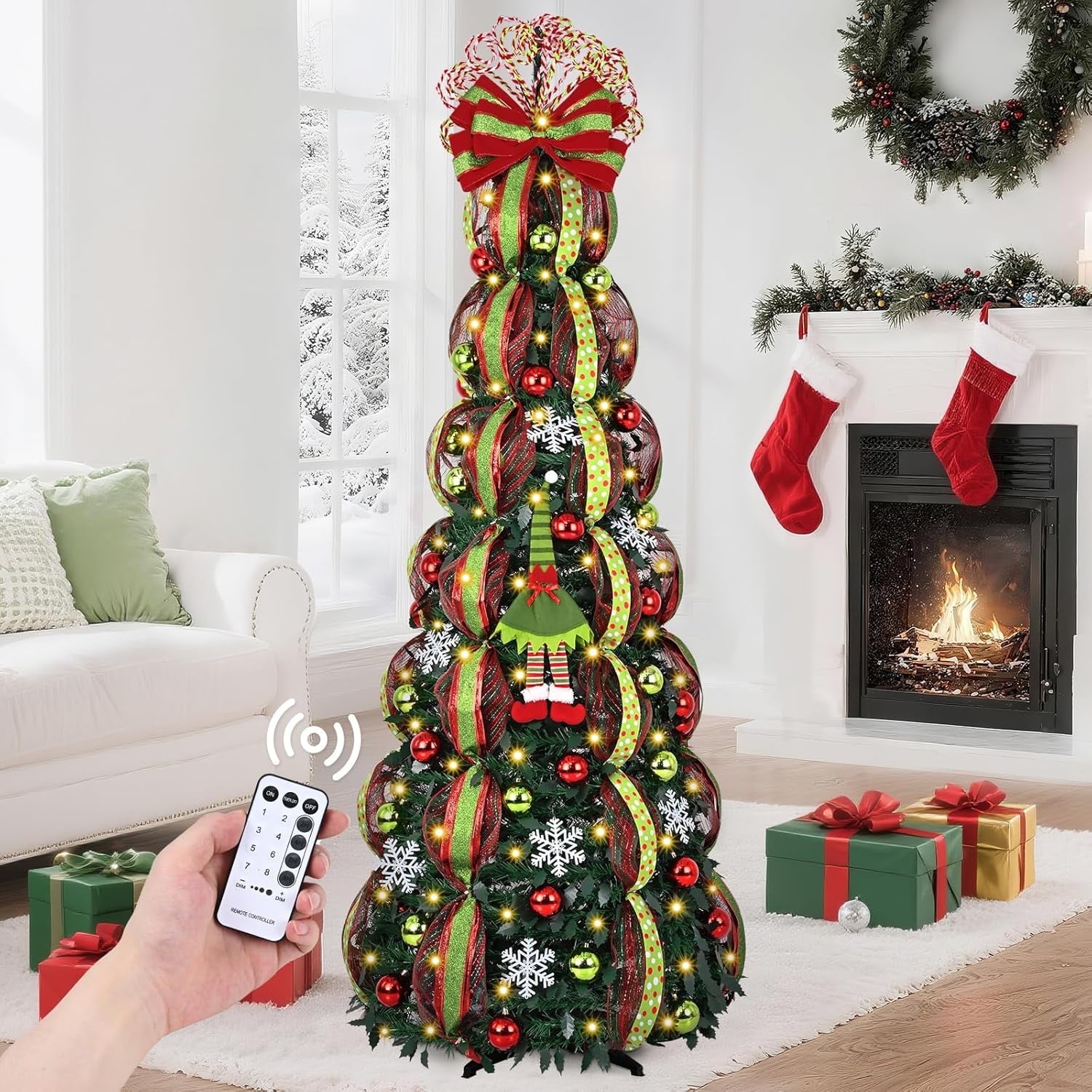 Lyacmy 6FT Pre-lit Pop Up Christmas Tree with Lights, Ribbon Artificial ...