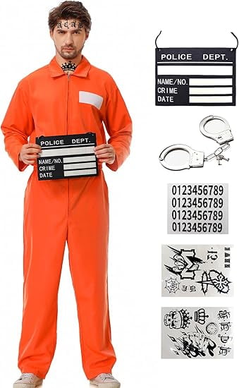 Lyacmy Prisoner Jumpsuit Men Halloween Costume Orange Prison Inmate ...