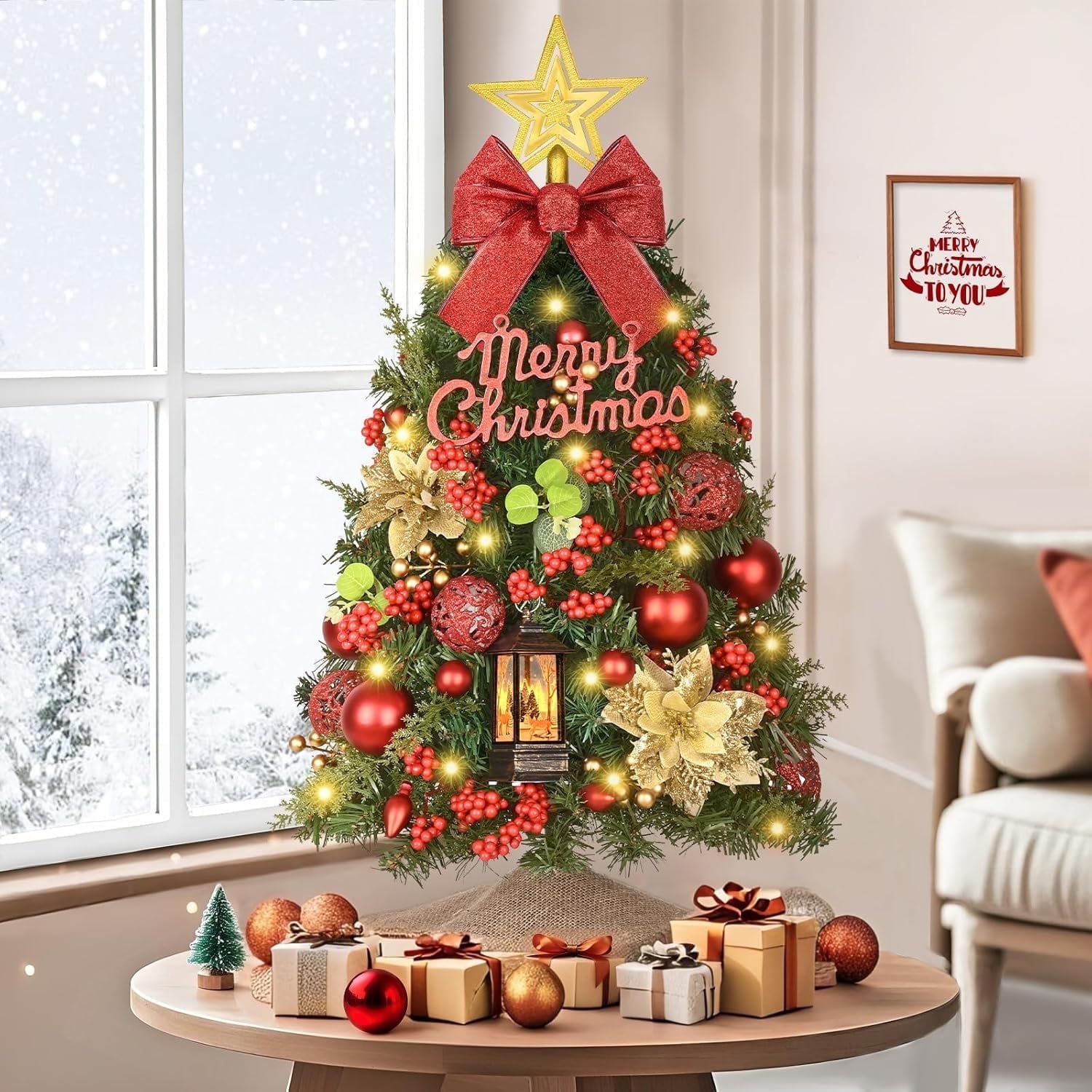 Lyacmy 2ft Pre-Lit Tabletop Christmas Tree Christmas Decorations, Red ...