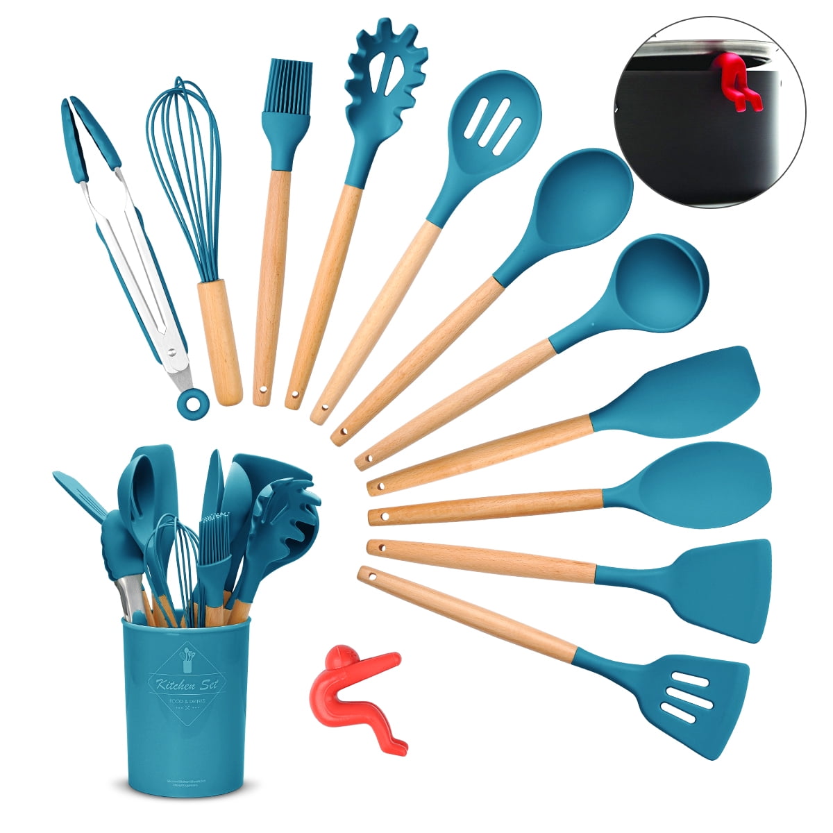 Lychee 13 Piece Non-Toxic Colored Silicone Kitchen Utensil Set, Heat ...