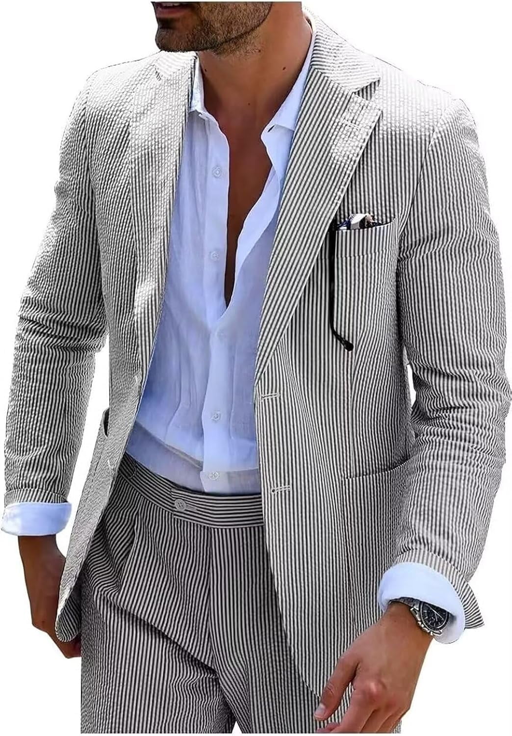 Lycody 2 piece Men Seersucker Suit Formal Slim Fit Suits for Summer ...