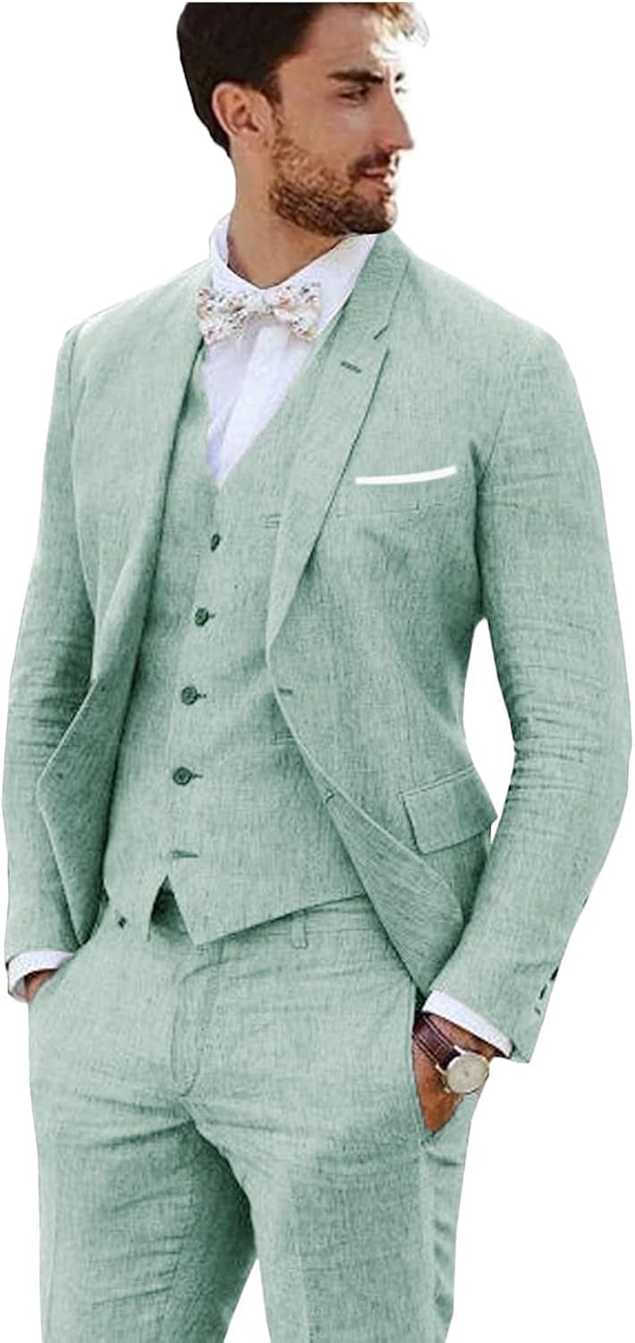 Lycody 3PCS Mens Formal Slim Linen Suit Fit Suit Business Suit Wedding ...