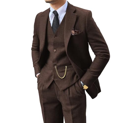 Lycody Retro 3 Piece Suit Tweed Herringbone Men's Suits Slim Fit Groom ...
