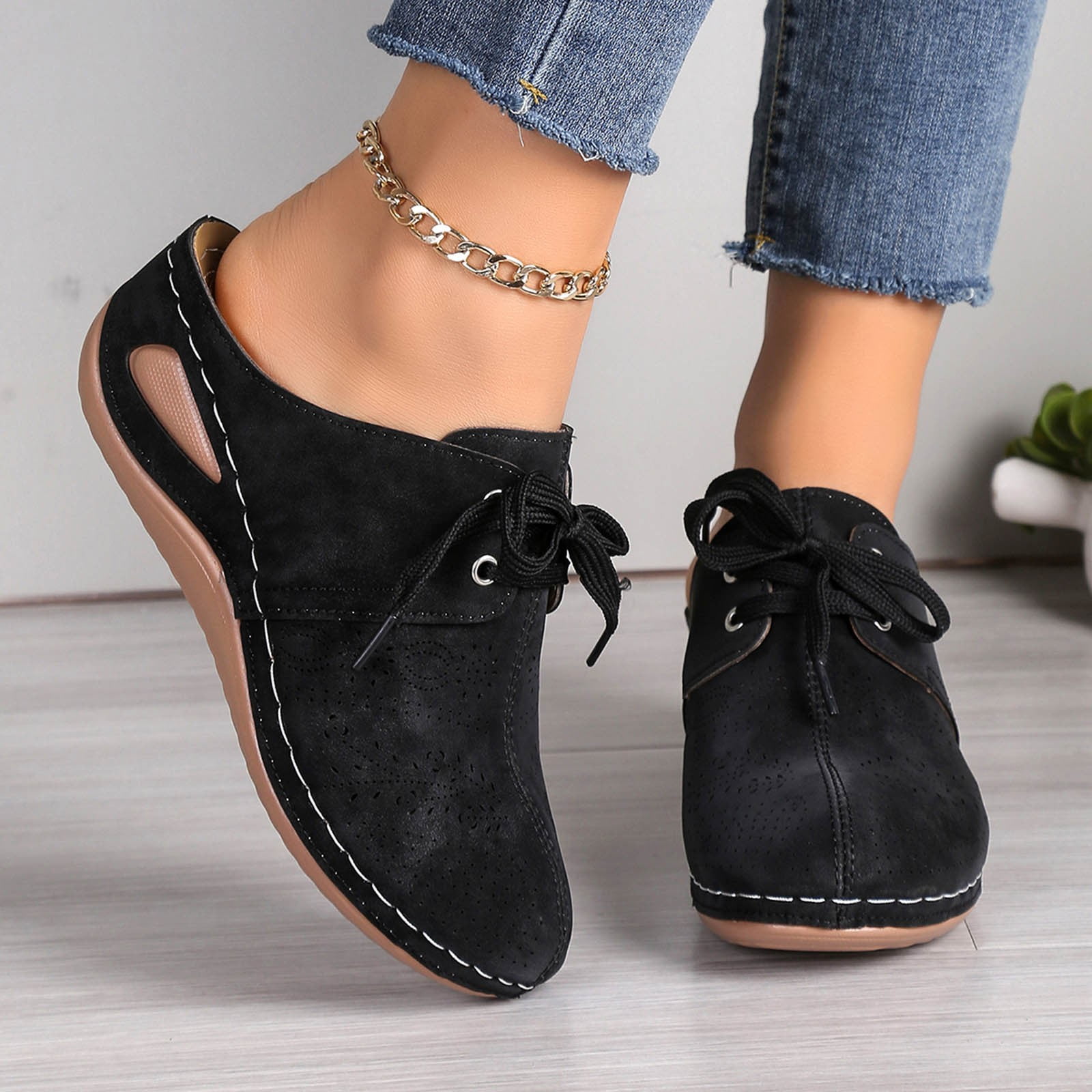 Lydiaunistar Women's Lace Up Perforated Mule Flats Wedge Heel Closed ...
