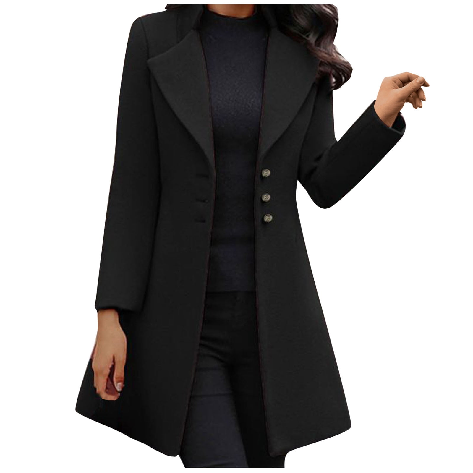 Lyinloo Women Fashion Long Sleeve Woolen Lapel Solid Color Long Jacket ...