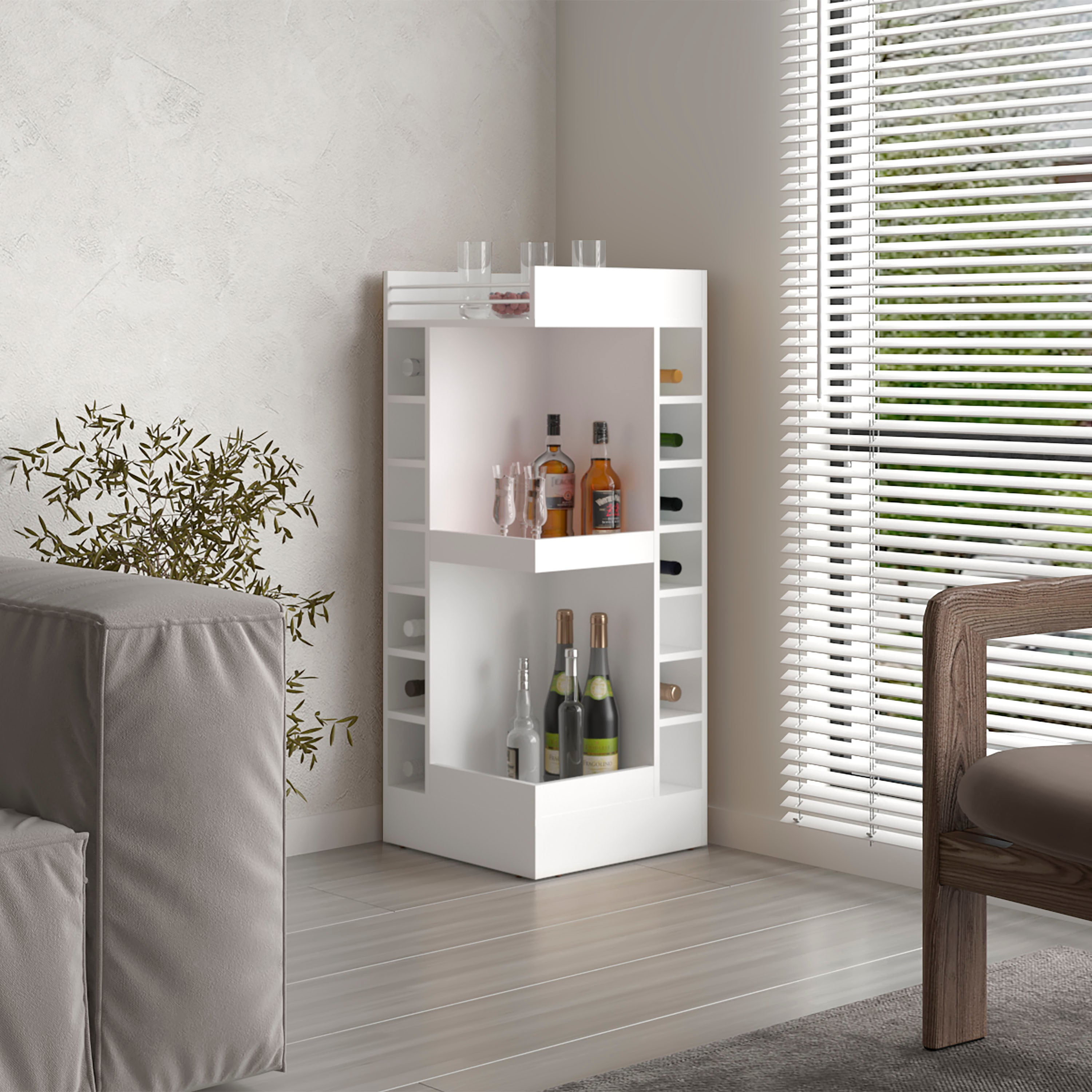 Lyman 46" Tall 3-Tier Corner Bar Cabinet with Fourteen Wine Bottle ...