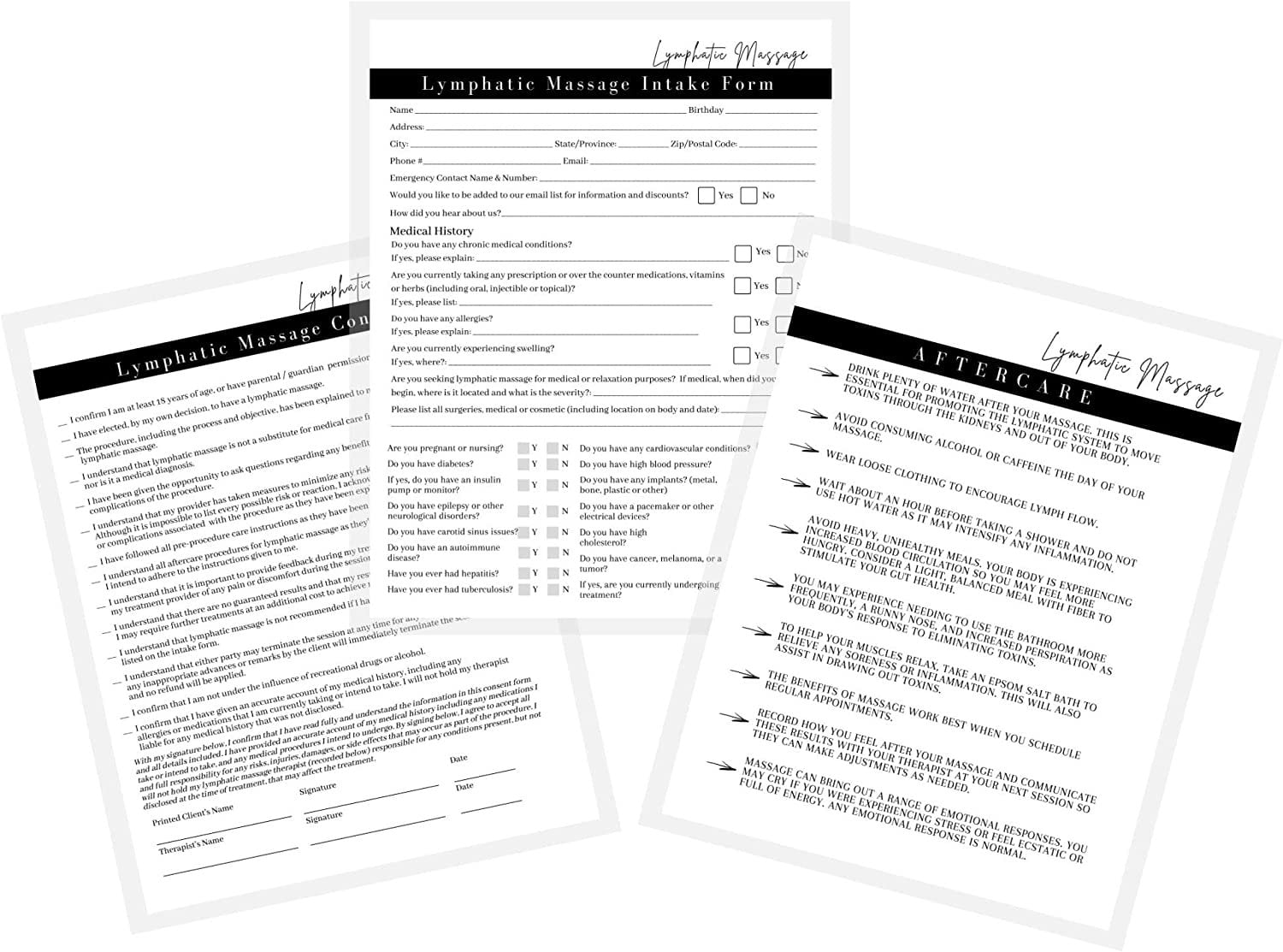 Lymphatic Massage Intake, Consent, and Aftercare Form 75 Pack 8.5 x 11 ...