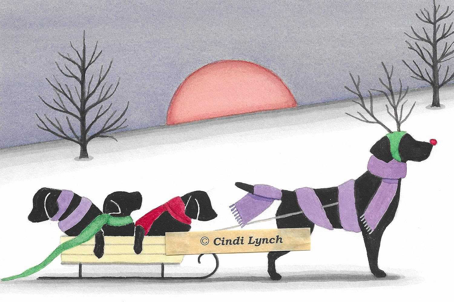 Lynch Christmas cards: Sled ride with black labrador (lab) family folk ...