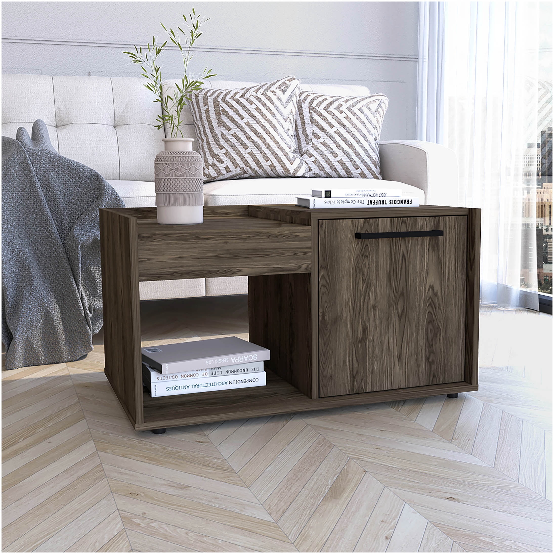 Lyon Dark Walnut Coffee Table with Storage Cabinet and Open Shelf ...