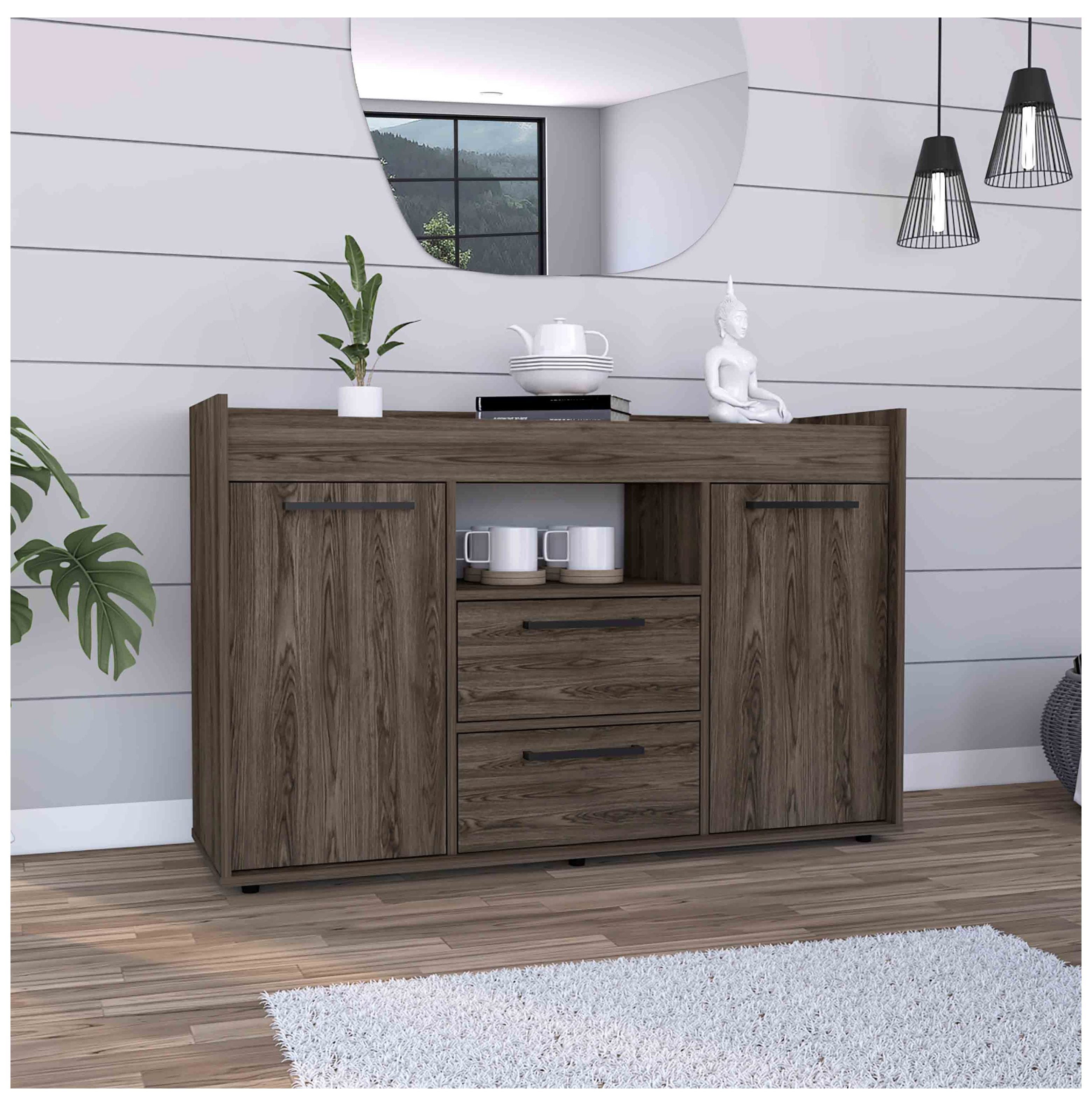 Lyon Sideboard, Two Drawers, Double Door Cabinets -Dark Walnut Brown ...