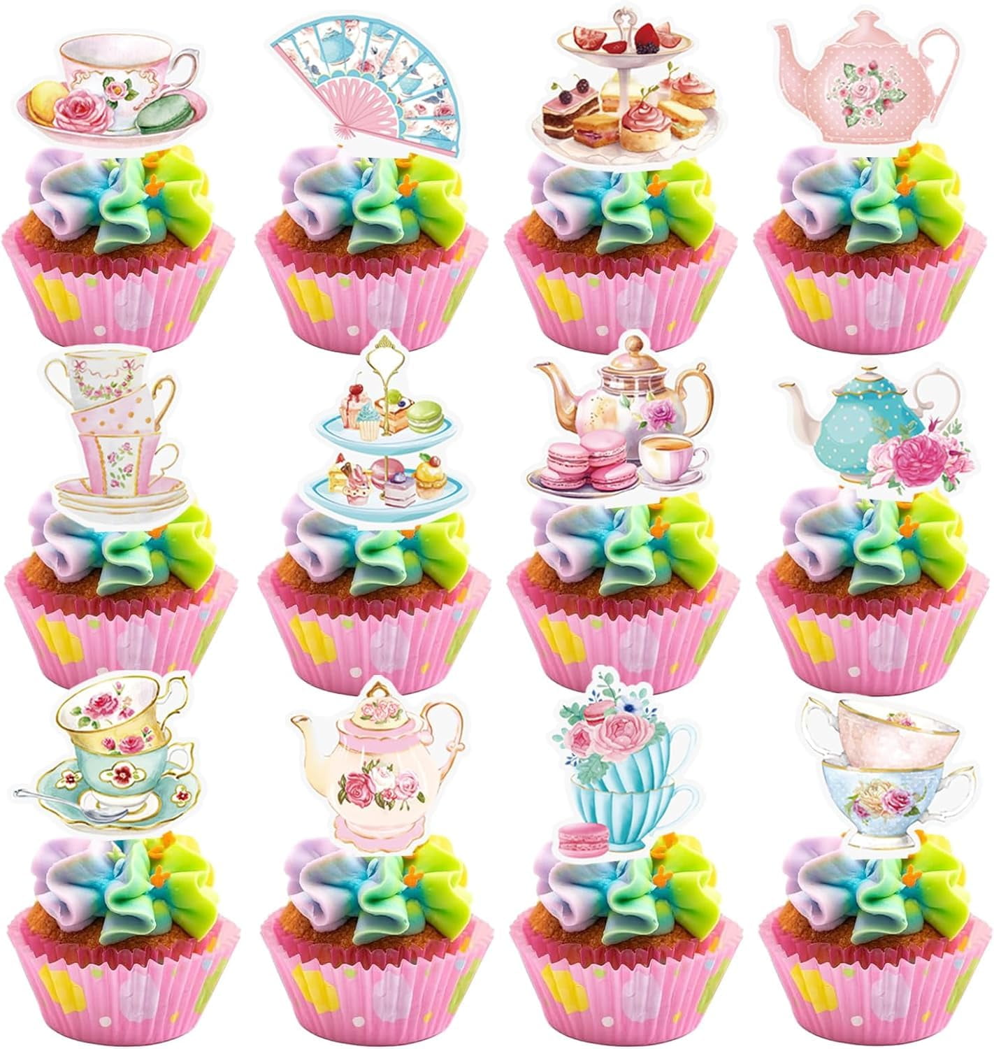 Lyosehy 48PCS Tea Party Cupcake Toppers, AIS1 Floral Tea Time Tea Party ...