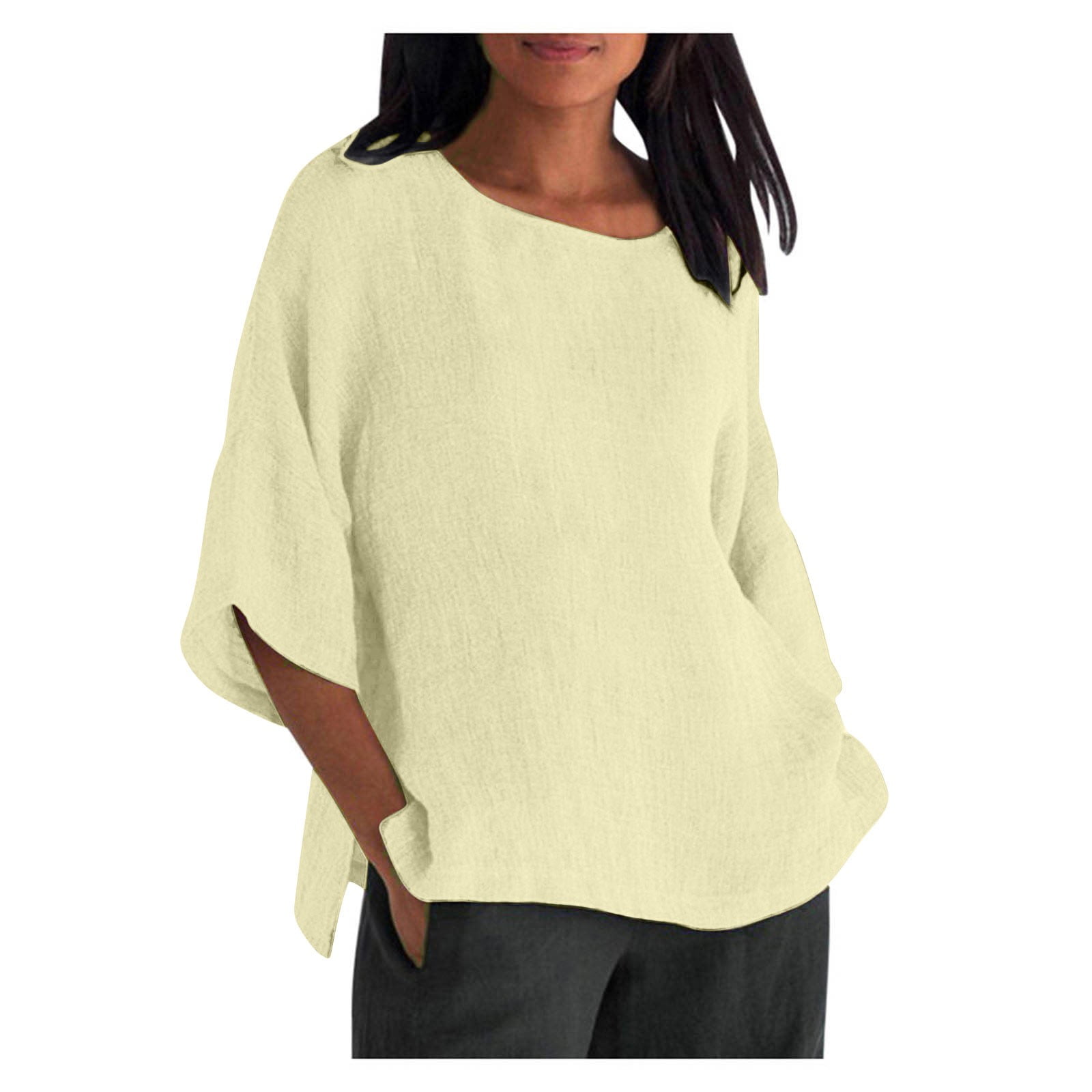 Lyrcatrment Linen Tops for Women 3/4 Bell Sleeve Side Split Hem Gauze ...