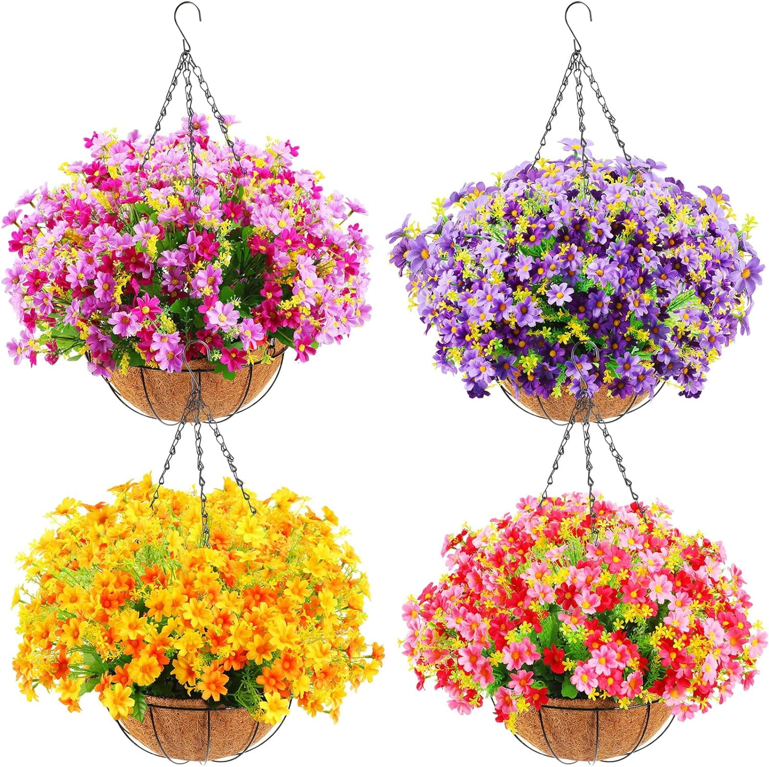 Lyrow 4 Pack Artificial Hanging Flowers in Basket Artificial Daisy Arrangement with 12 Inch ...