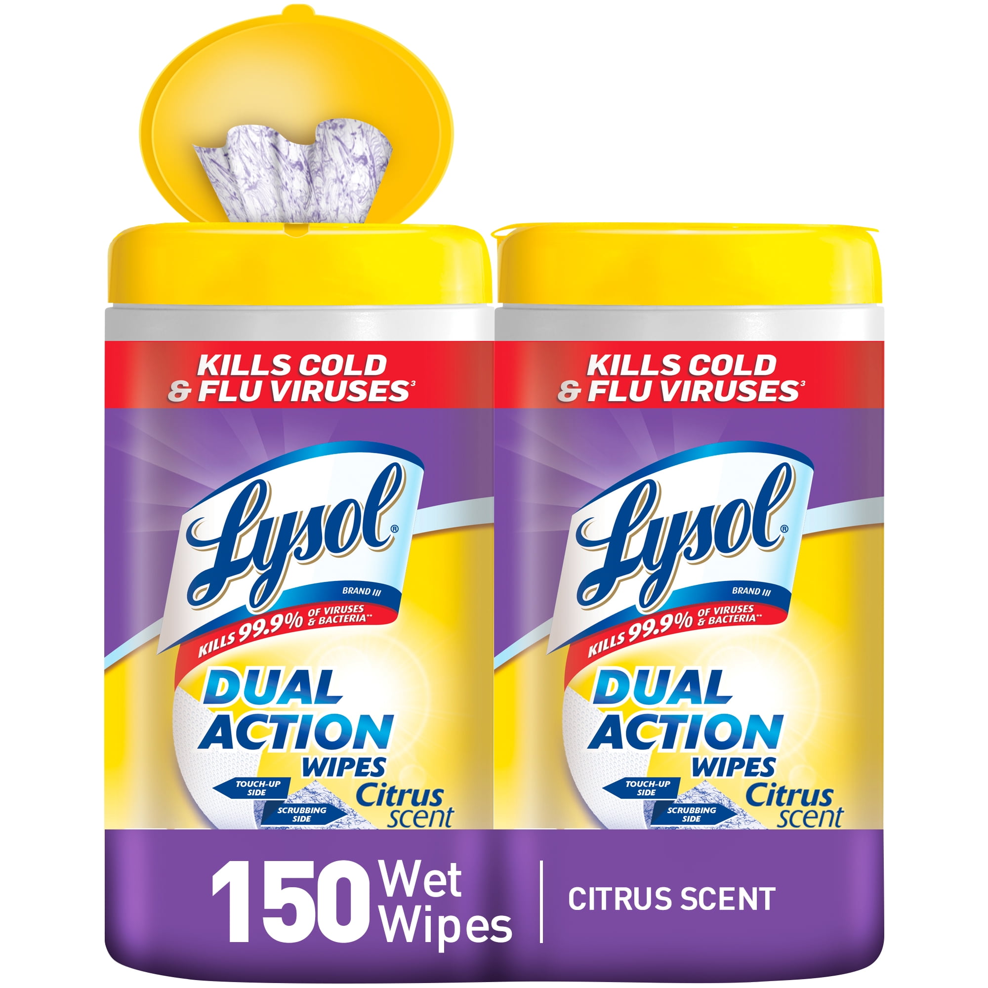 Lysol Dual Action Disinfectant Wipes, Citrus 150ct, Kills 99.9% ...