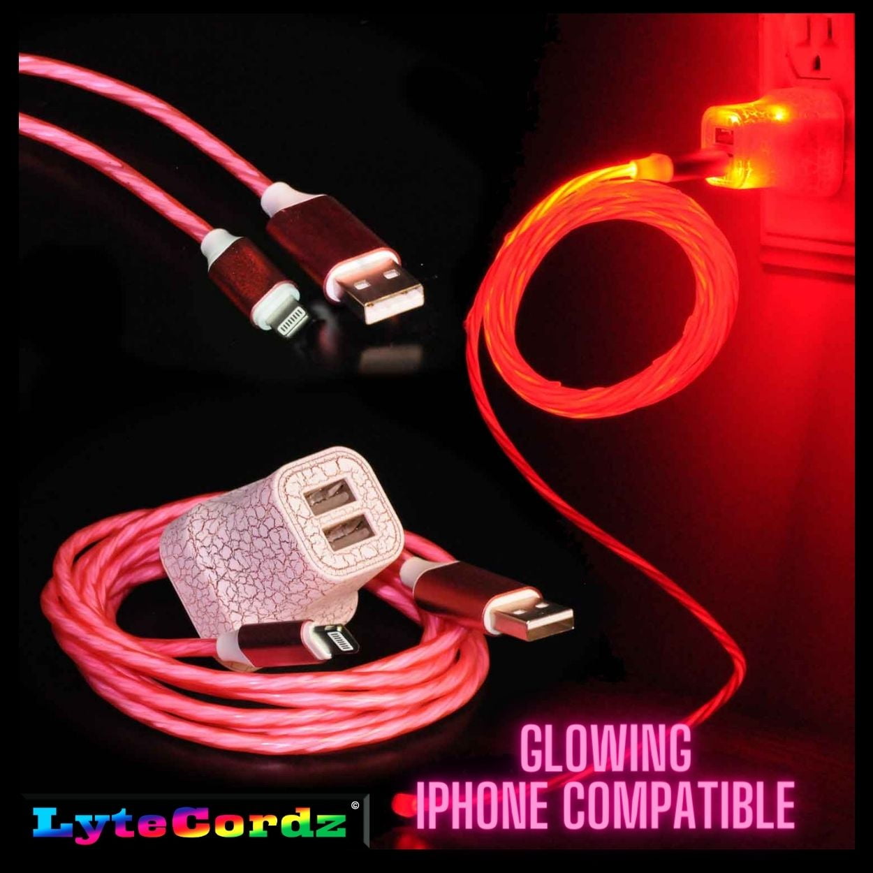 Lytecordz LED Light Up Charging Cable, iPhone Compatible, Moving Spiral ...