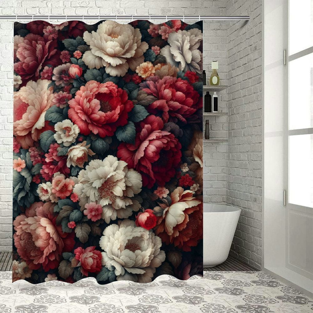 Lzatpd Black Floral Shower Curtain Retro Flower Blossom Pink Red Rose