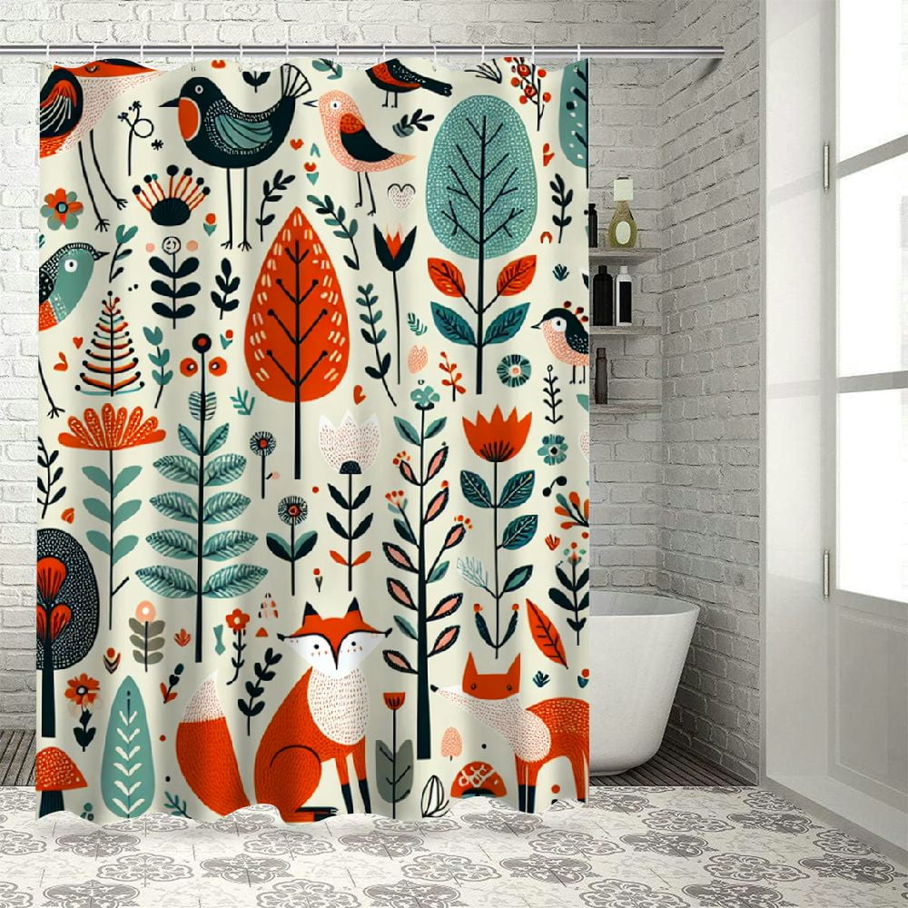 Lzatpd Cartoon Shower Curtain Autumn Pattern Owl Fox Squirrel Birds
