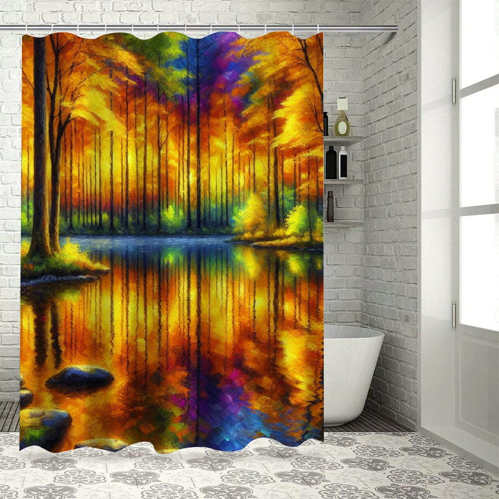 Lzatpd Flower Shower Curtain Autumn Trees Along Lake Fall In Jungle