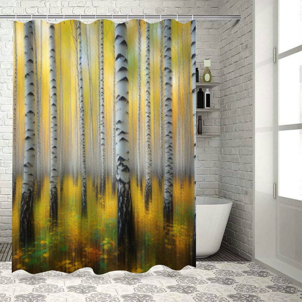 Lzatpd Forest Shower Curtain Autumn Birch Forest Golden Yellow Leaves