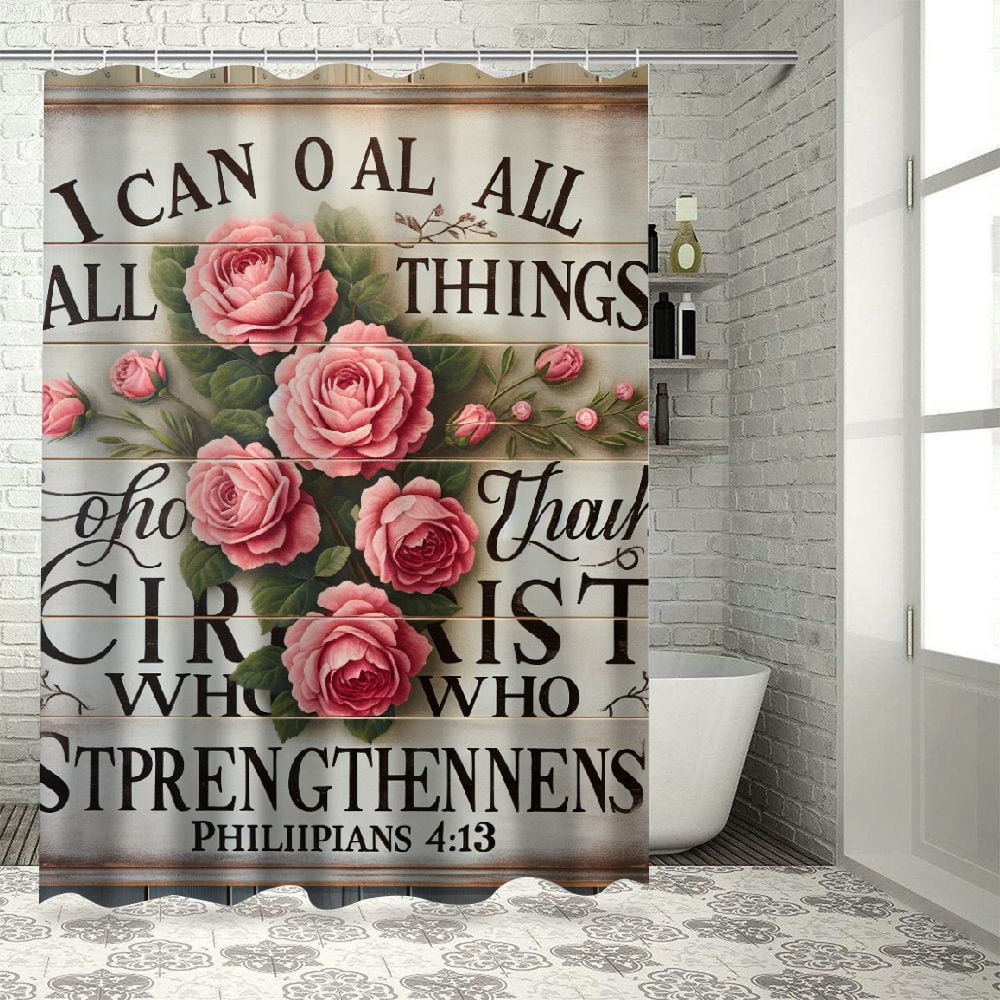 Lzatpd Rustic Wooden Shower Curtain Decor Pink Floral Inspirational