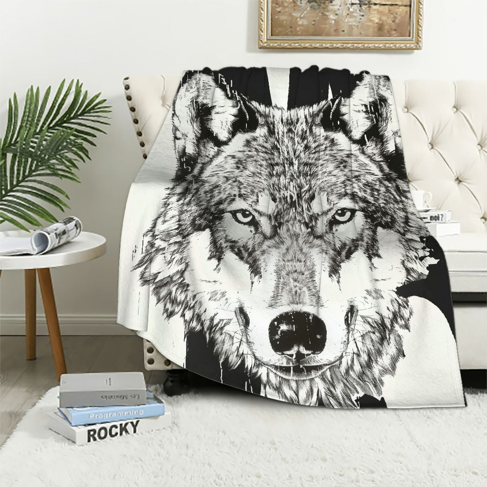 Lzatpd Wolf Throw Blanket Hand Drawn Portrait Animal Cool Creative ...