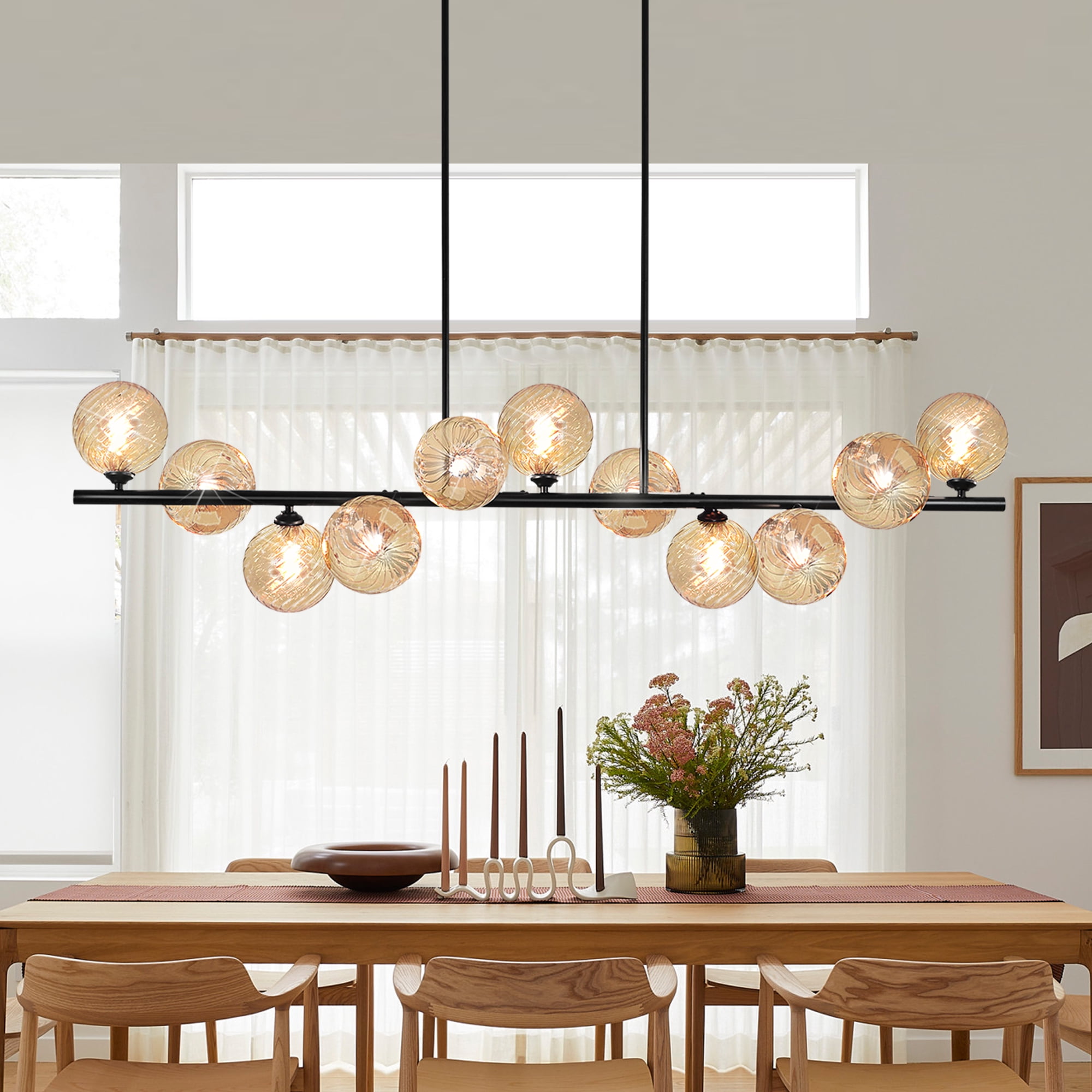 Lzawvm Linear Chandelier for Dining Room with Amber Swirled Glass Globe ...