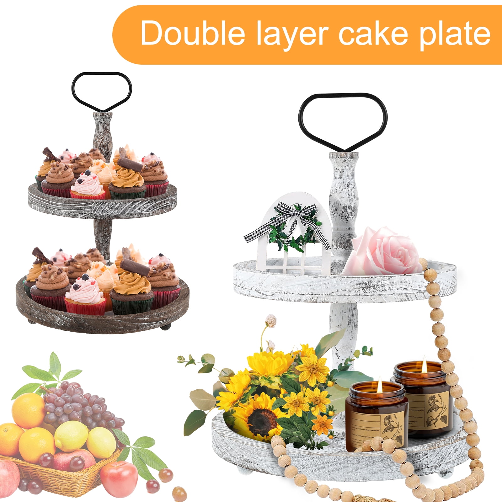 Lzvxtym 2 Tier Wooden Cake Stand,Cupcake Serving Tray,White Cupcake ...
