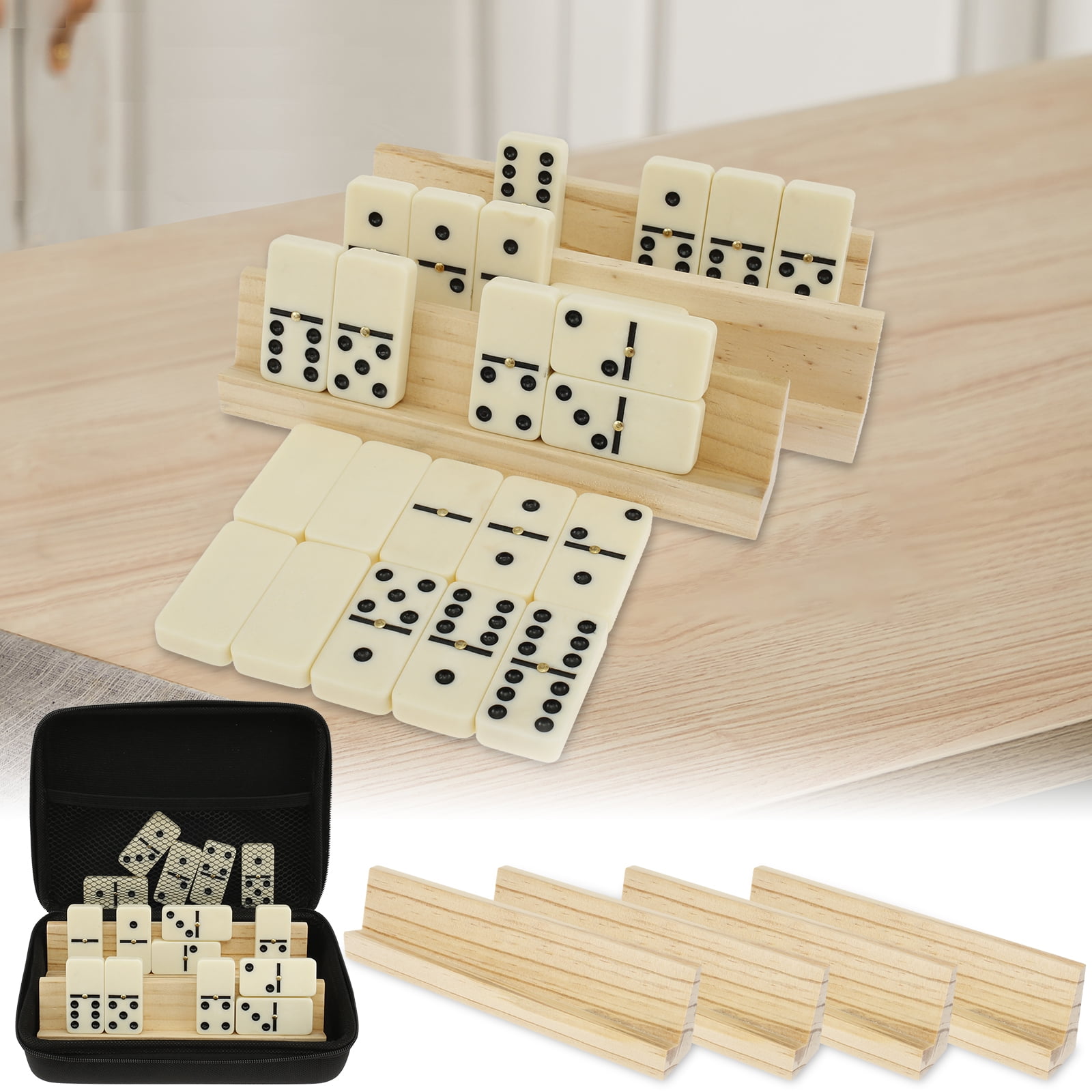 Lzvxtym Dominoes Set for Adults with 4 Wood Racks Funny Domino Game Set ...