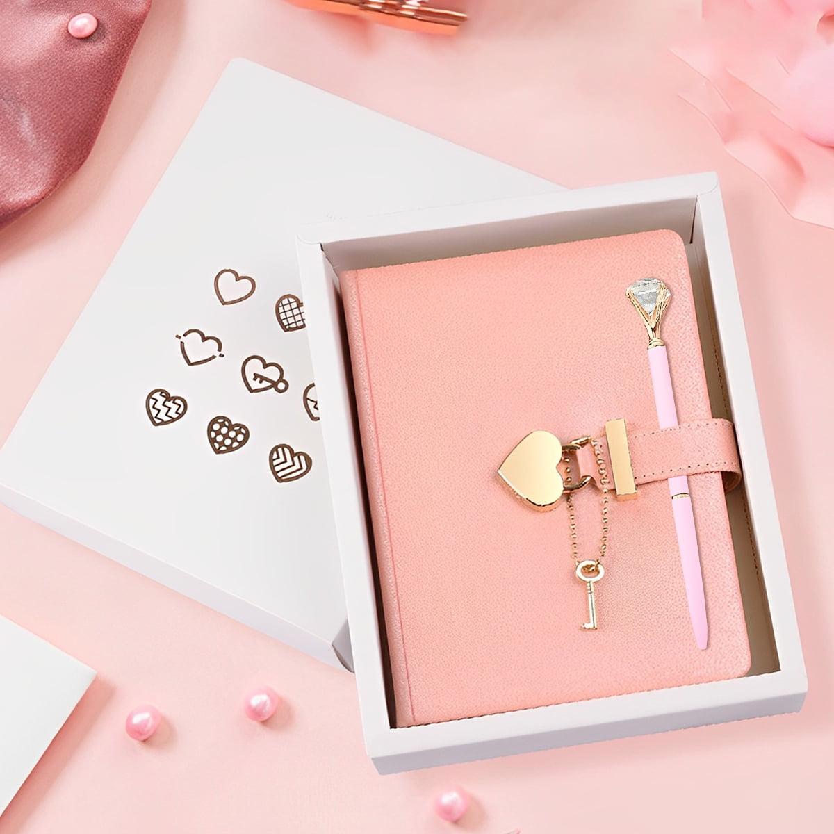 Lzvxtym Heart Lock Diary with Lock Key Diamond Pen 144 Sheet Elegant ...
