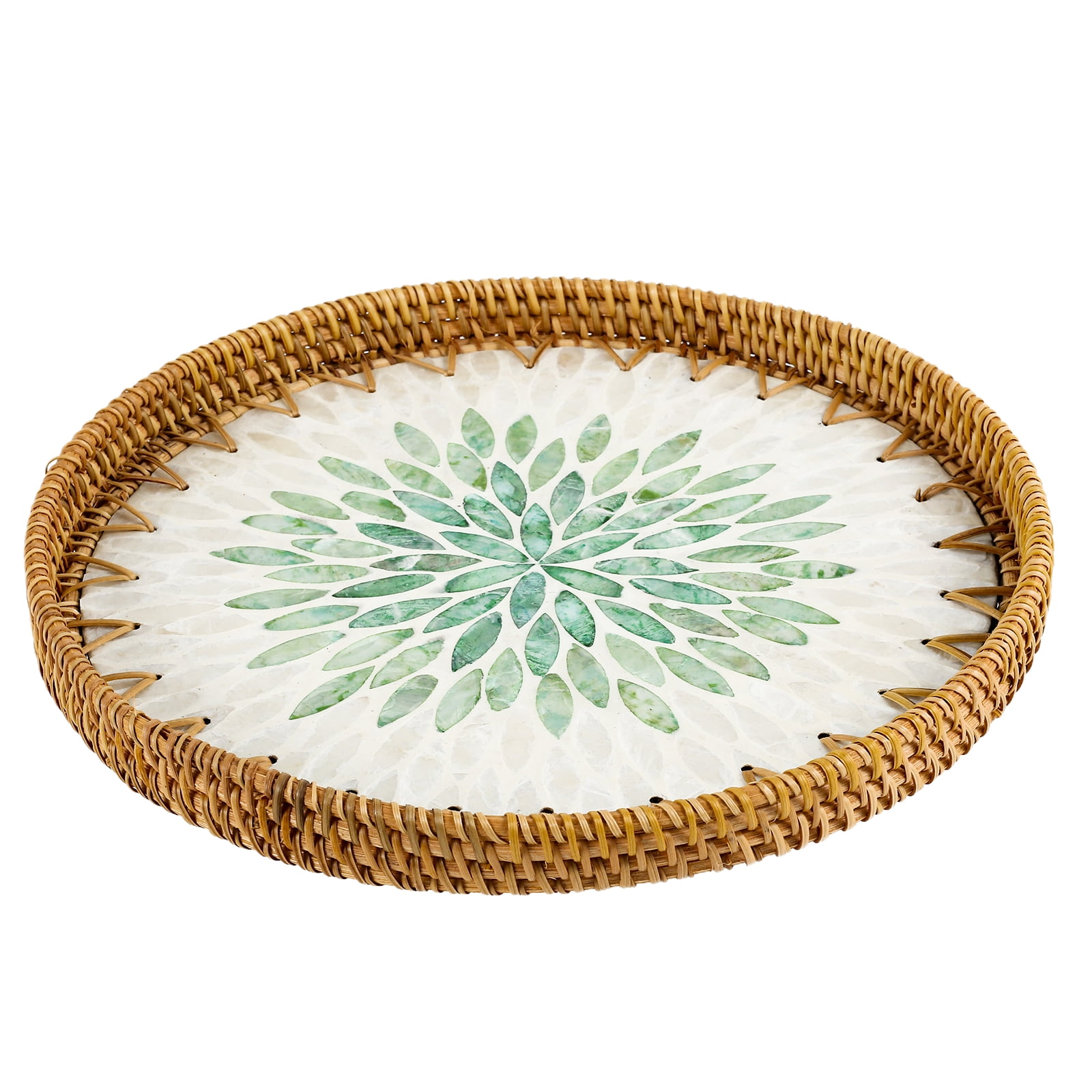 Lzvxtym Round Rattan Serving Tray with Mother of Pearl Inlay, Summer ...