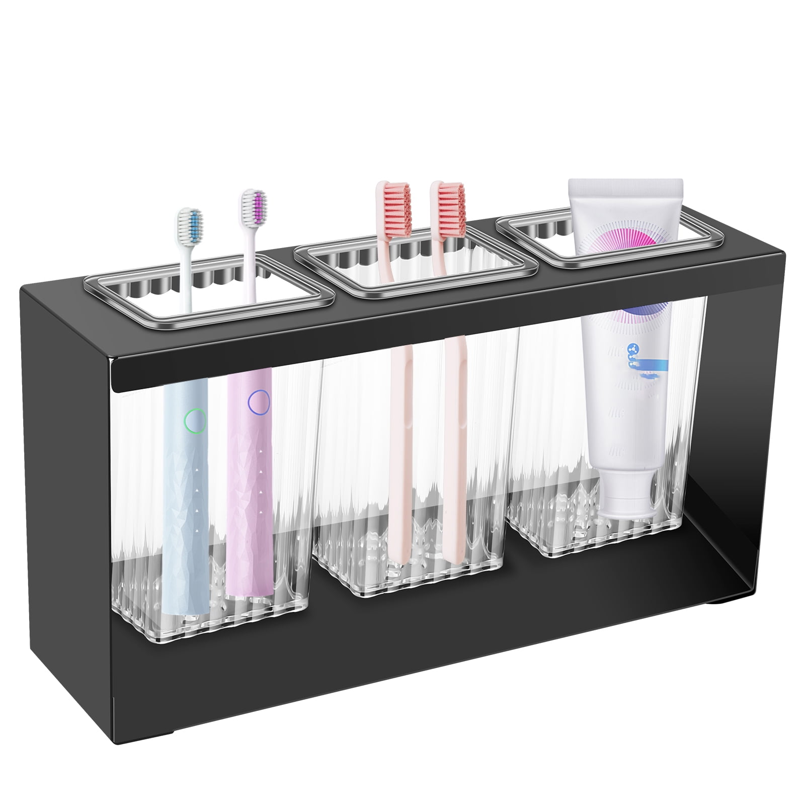 Lzvxtym Toothbrush Holder with Tilt Tray 3 Compartment Tooth Brushing ...