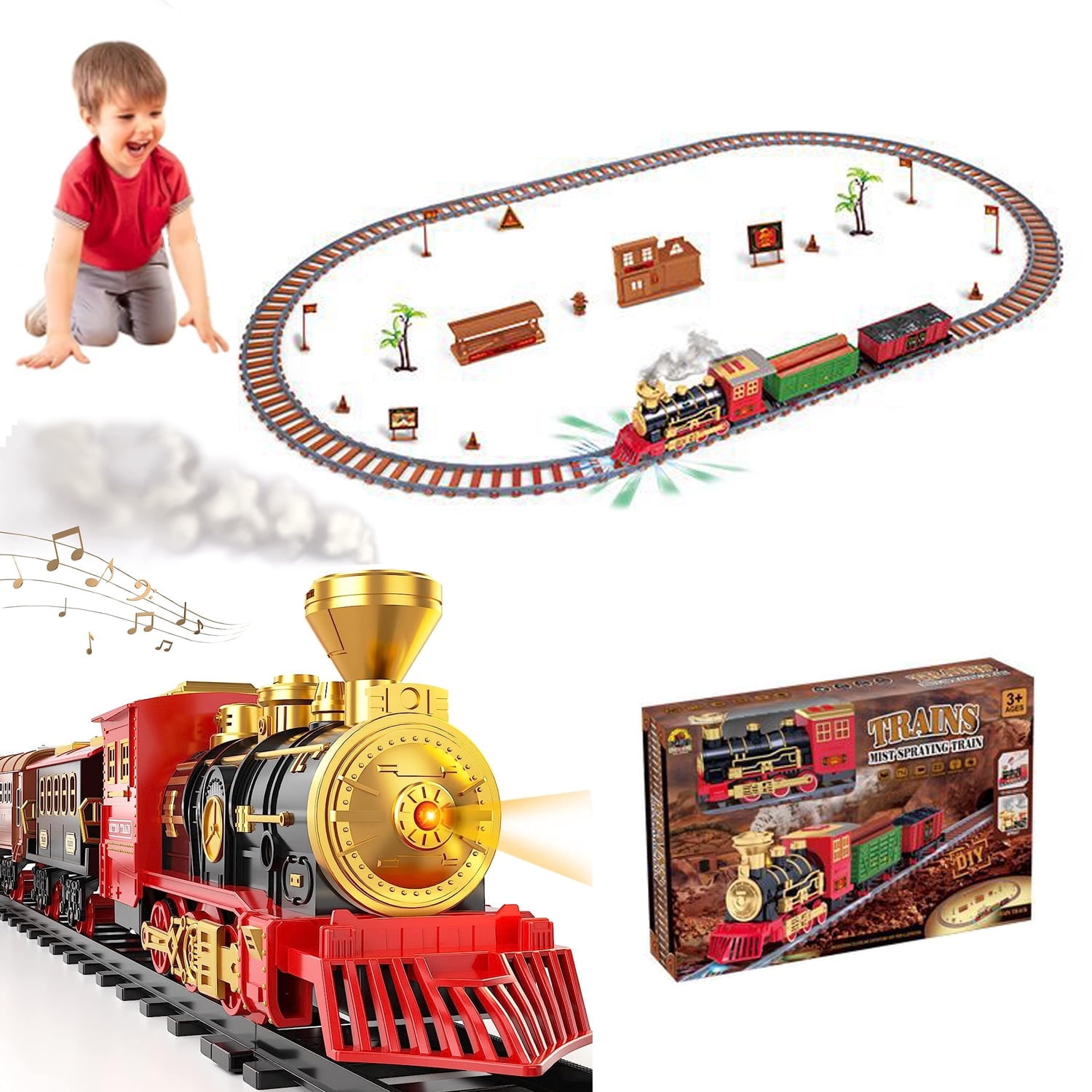 Lzyawe Train Set for Kids Toddlers 3-5, Train with Steam Engine ...