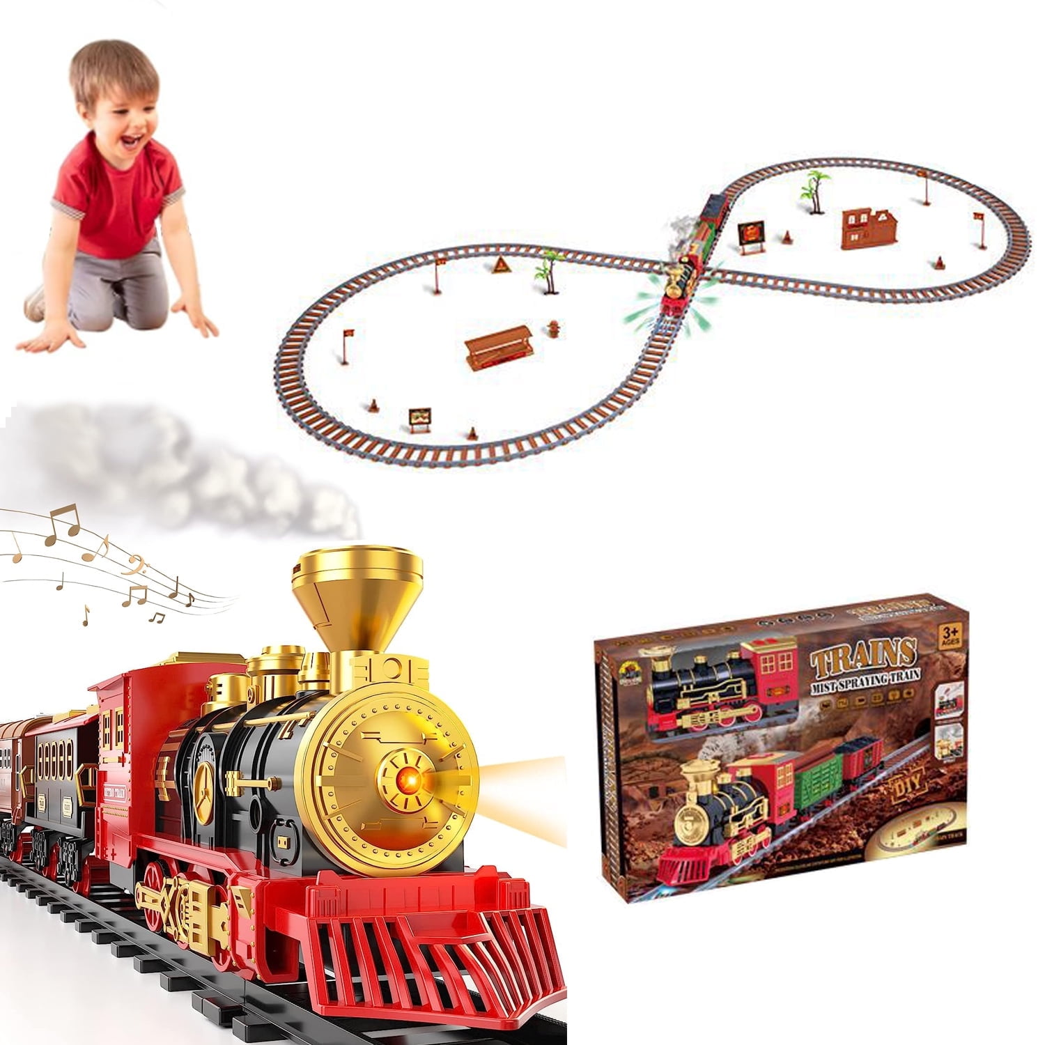 Lzyawe Train Set for Kids Toddlers 3-5, Train with Steam Engine ...