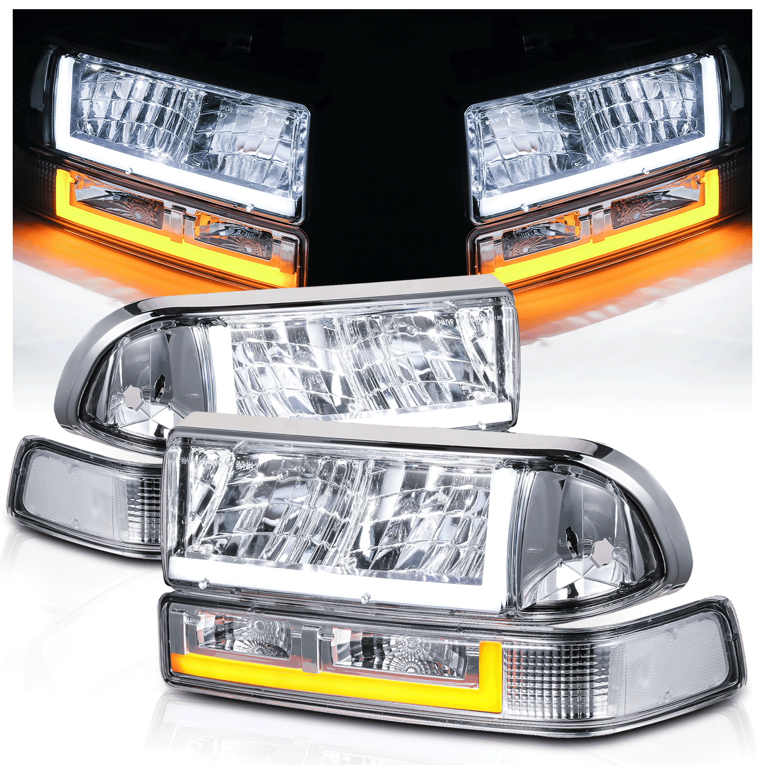 M-AUTO 4 Pack LED Light Bar DRL Chrome Headlight + Bumper Signal for ...