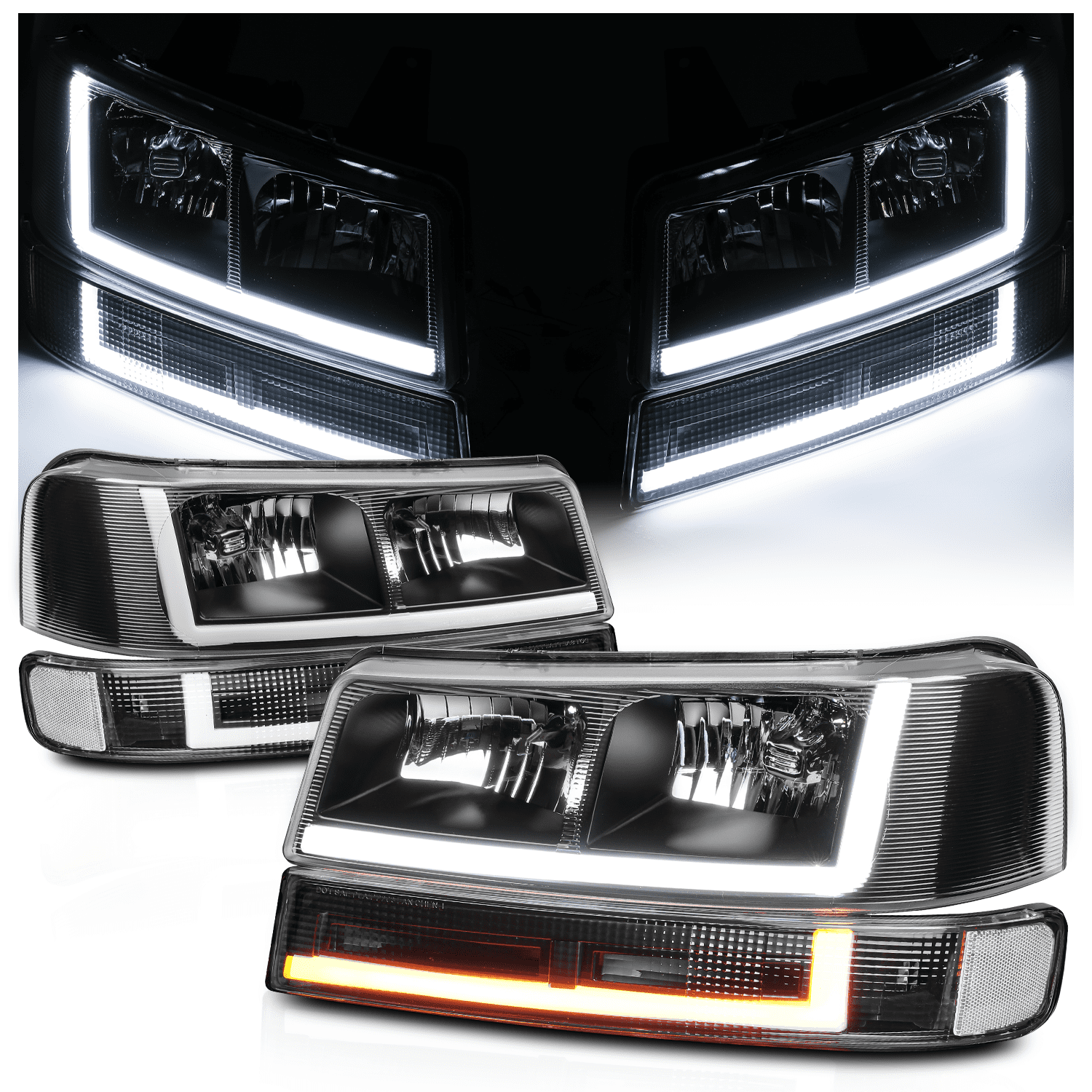 M-AUTO 4 Piece LED Light Bar DRL Black L+R Headlight+Bumper with 6000K ...