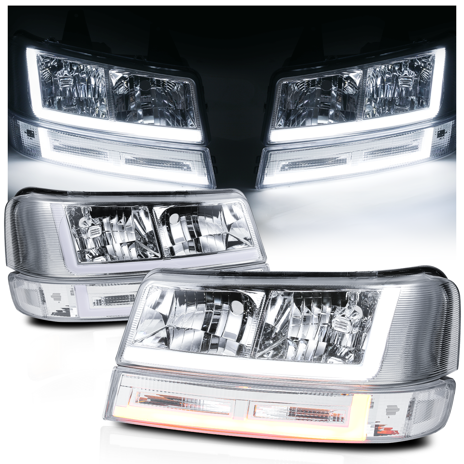 M-AUTO 4-Piece LED Light Bar DRL L+R Chrome Headlight+Bumper Signal for ...