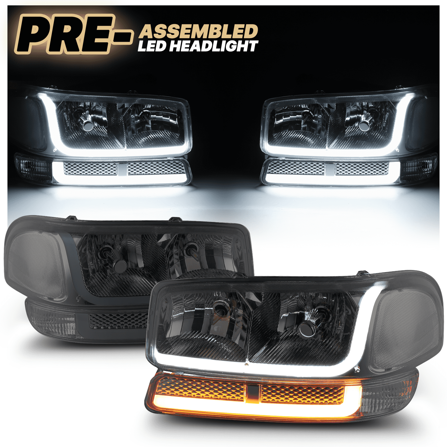 M-AUTO Headlight Assembly Switchback LED Tube DRL W/ 2 Pairs Pre ...