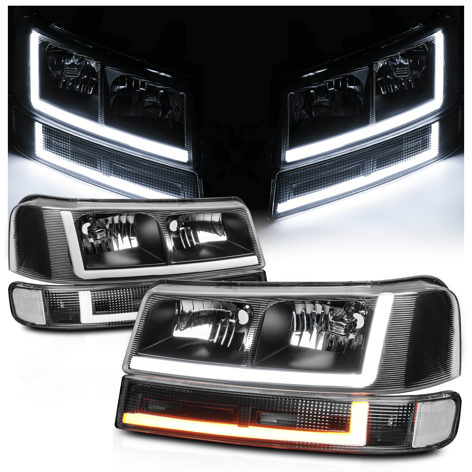 M-AUTO Set of 4 LED Running Light Bar L+R Black Headlight+Bumper Signal ...