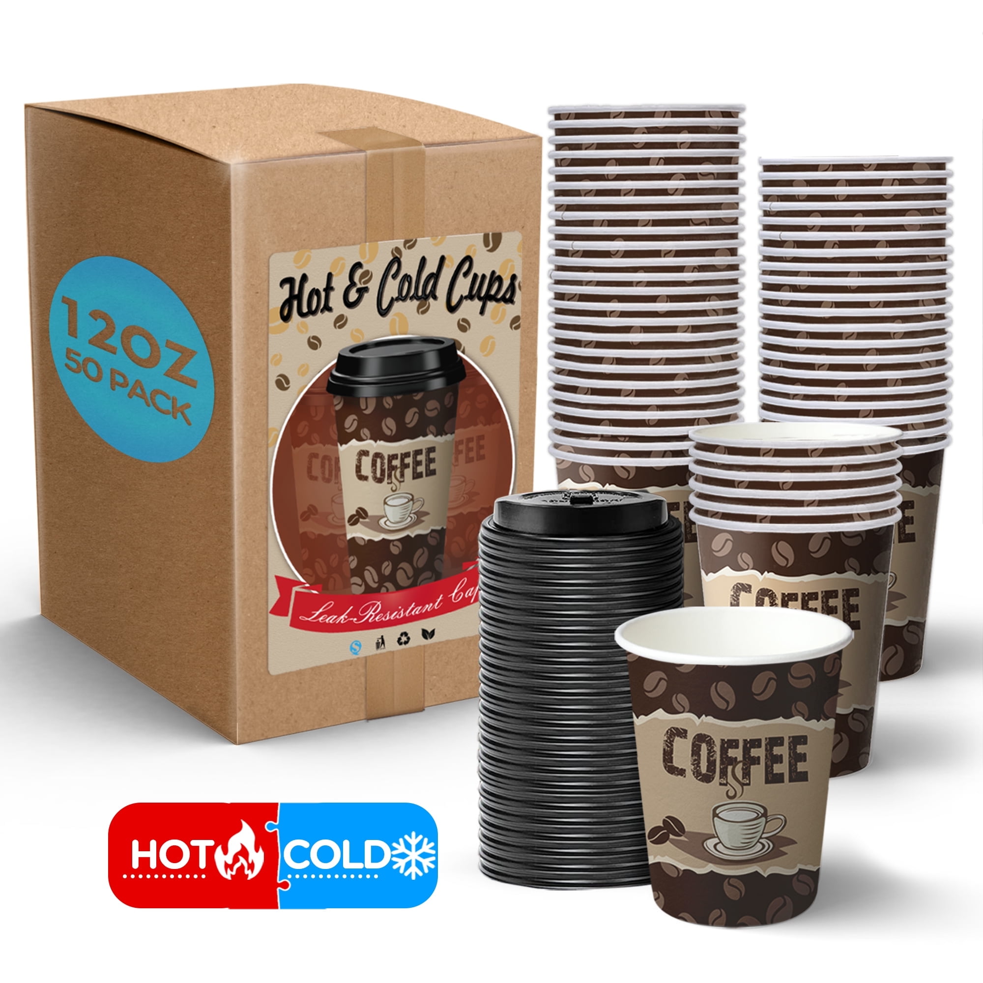 M BUDER Disposable Coffee Cups with Lids, 50 Pack, 12 oz for Hot/Cold ...