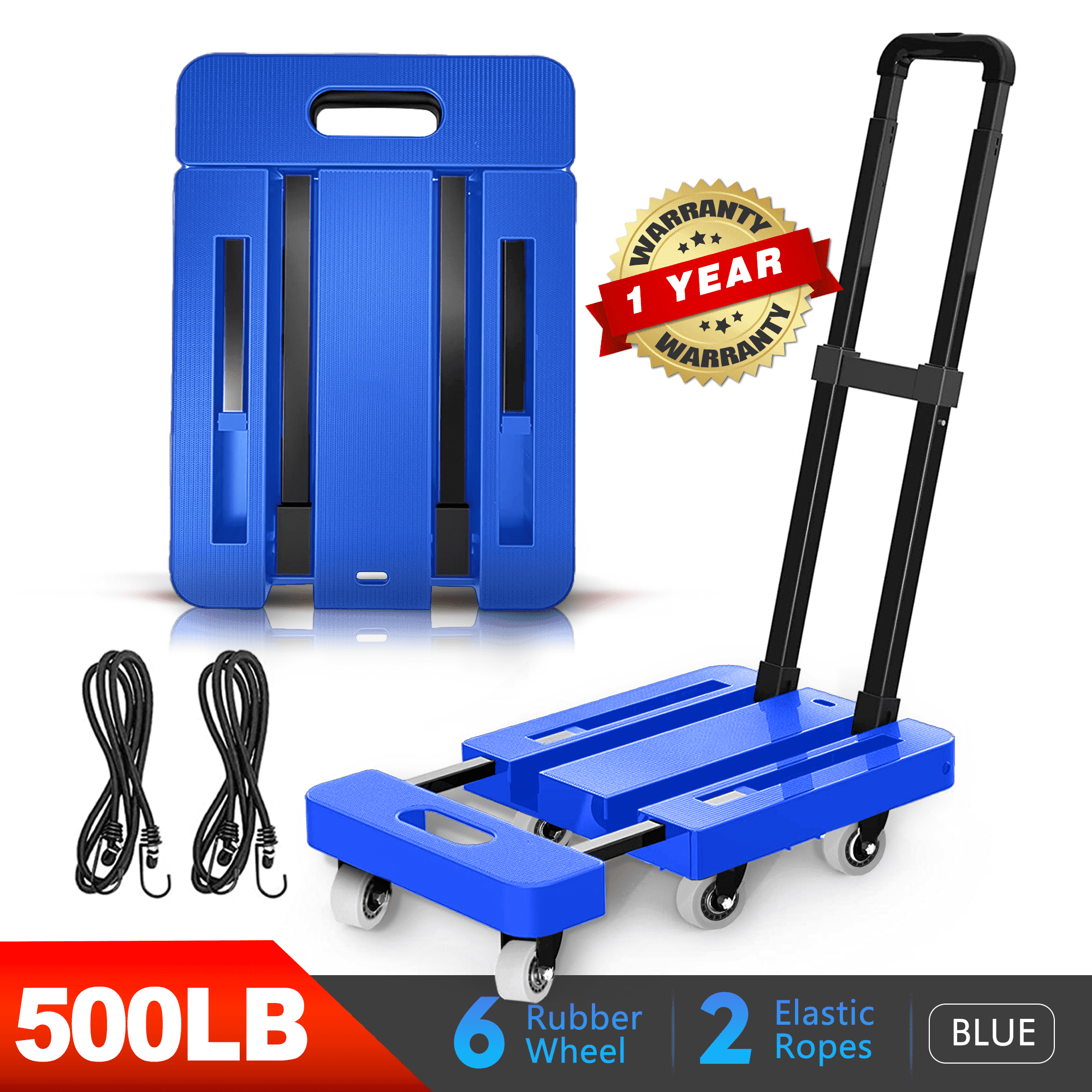 M BUDER Foldable Hand Truck - Blue, 500 lbs, 6 Wheels, 2 Ropes for ...